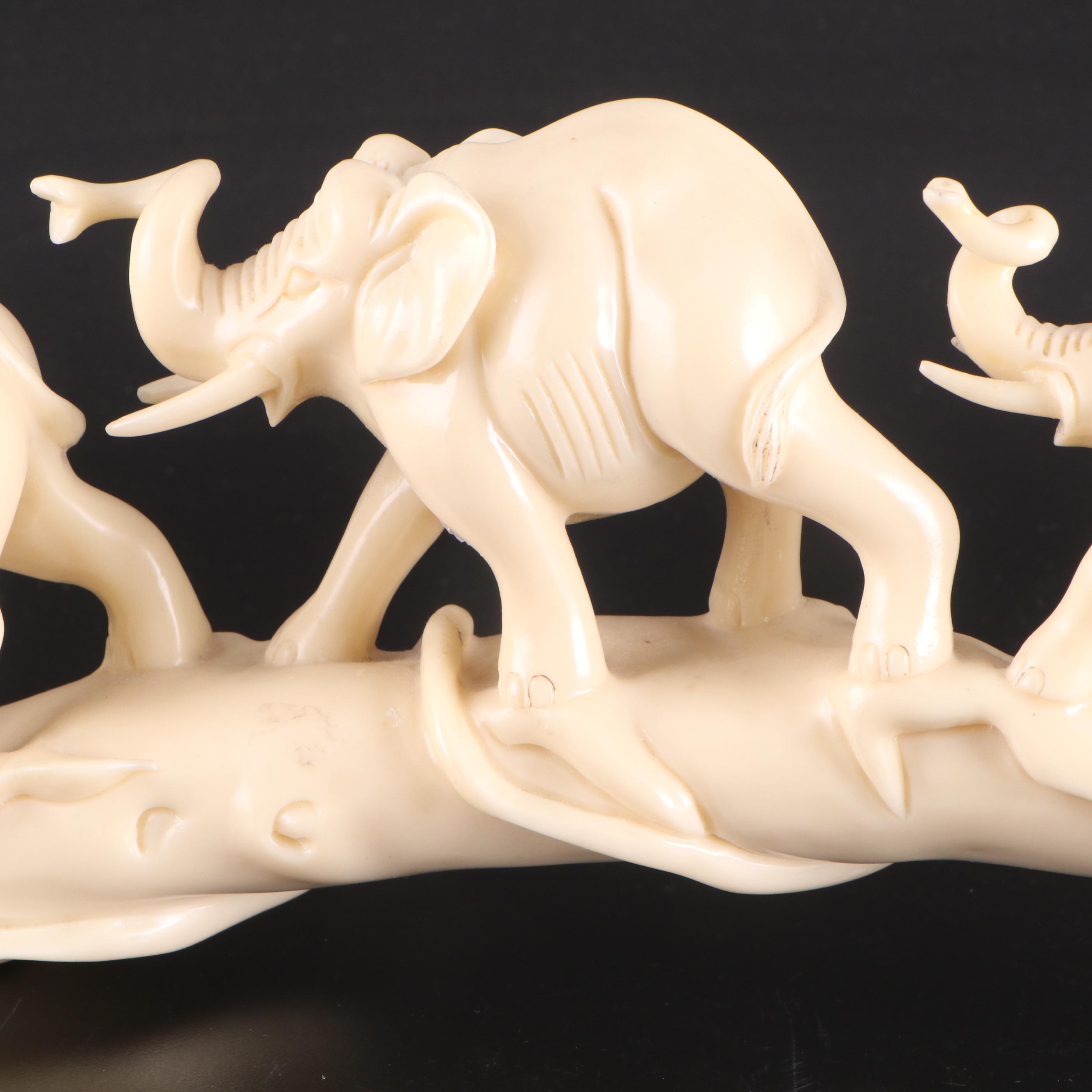 Carved Asian Elephants on Faux Ivory Tusk | Everything But The House