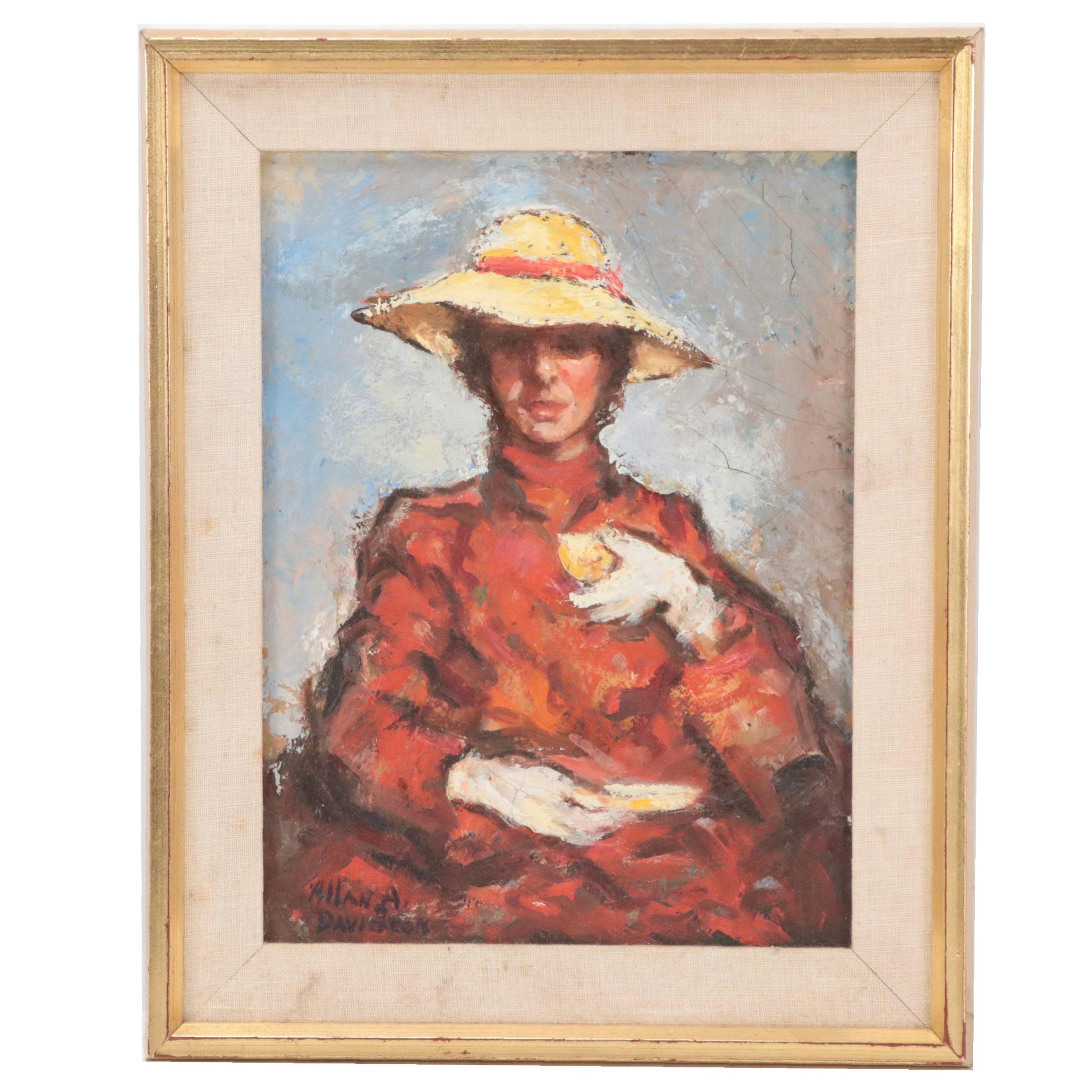 Allan Davidson Oil Painting Portrait of Woman With Hat and Teacup | EBTH