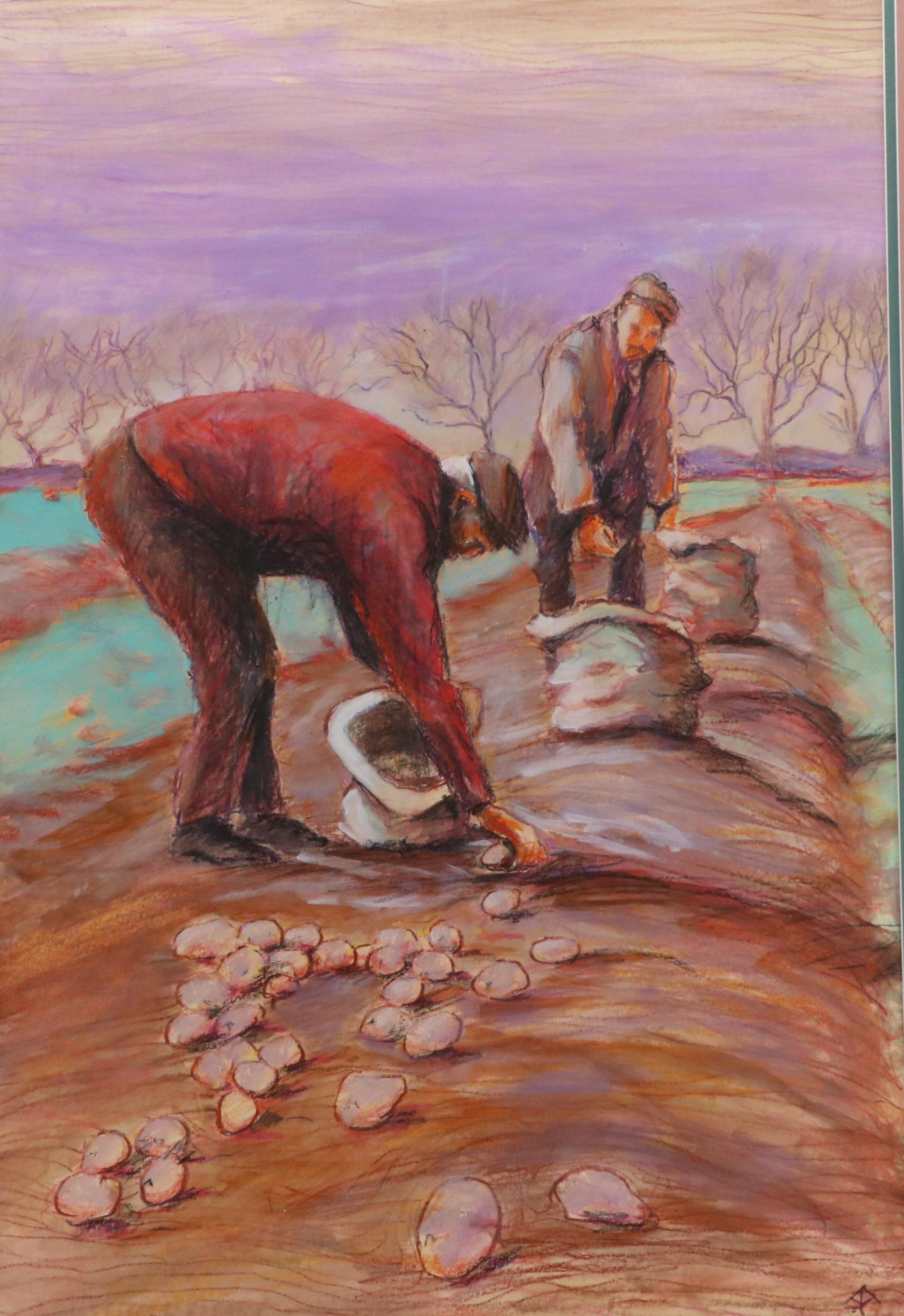 Jim Andrews Pastel and Wash Drawing of Potato Harvesters | EBTH