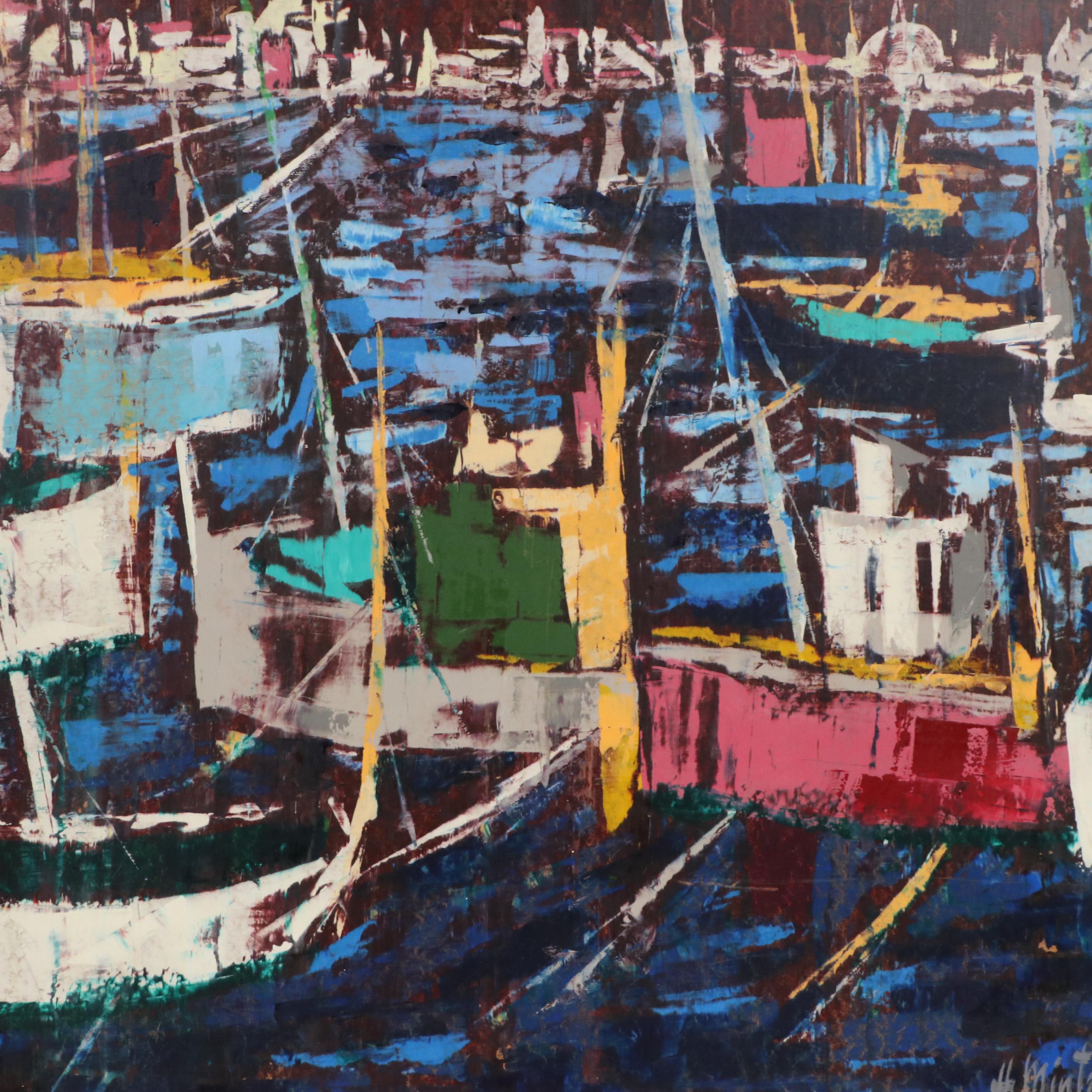 Harry Mintz Abstract Oil Painting of Harbor Scene, Circa 1965 | EBTH