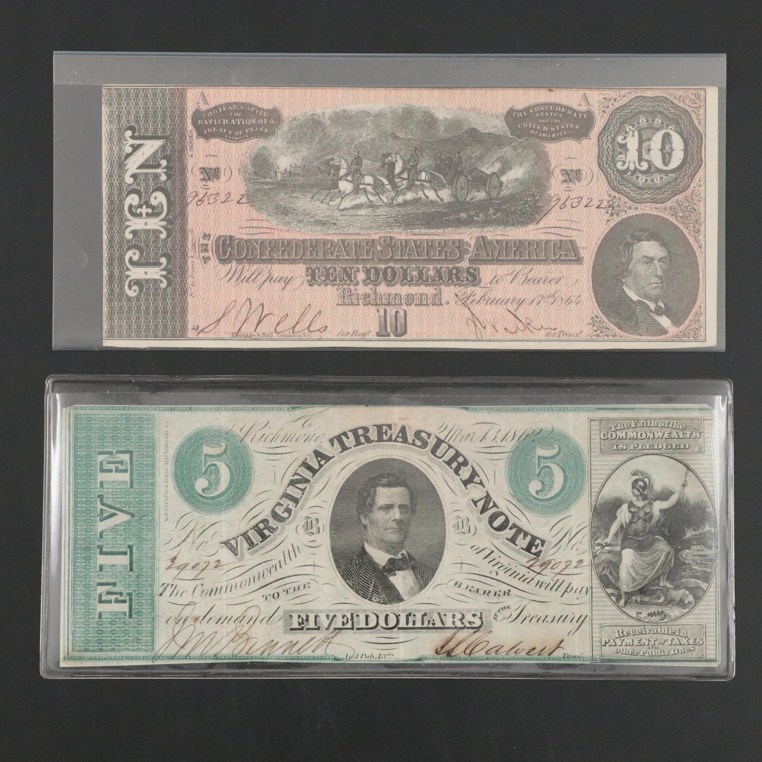 1864 CSA $10 Banknote (T-68) and 1862 $5 Virginia Treasury Note | EBTH