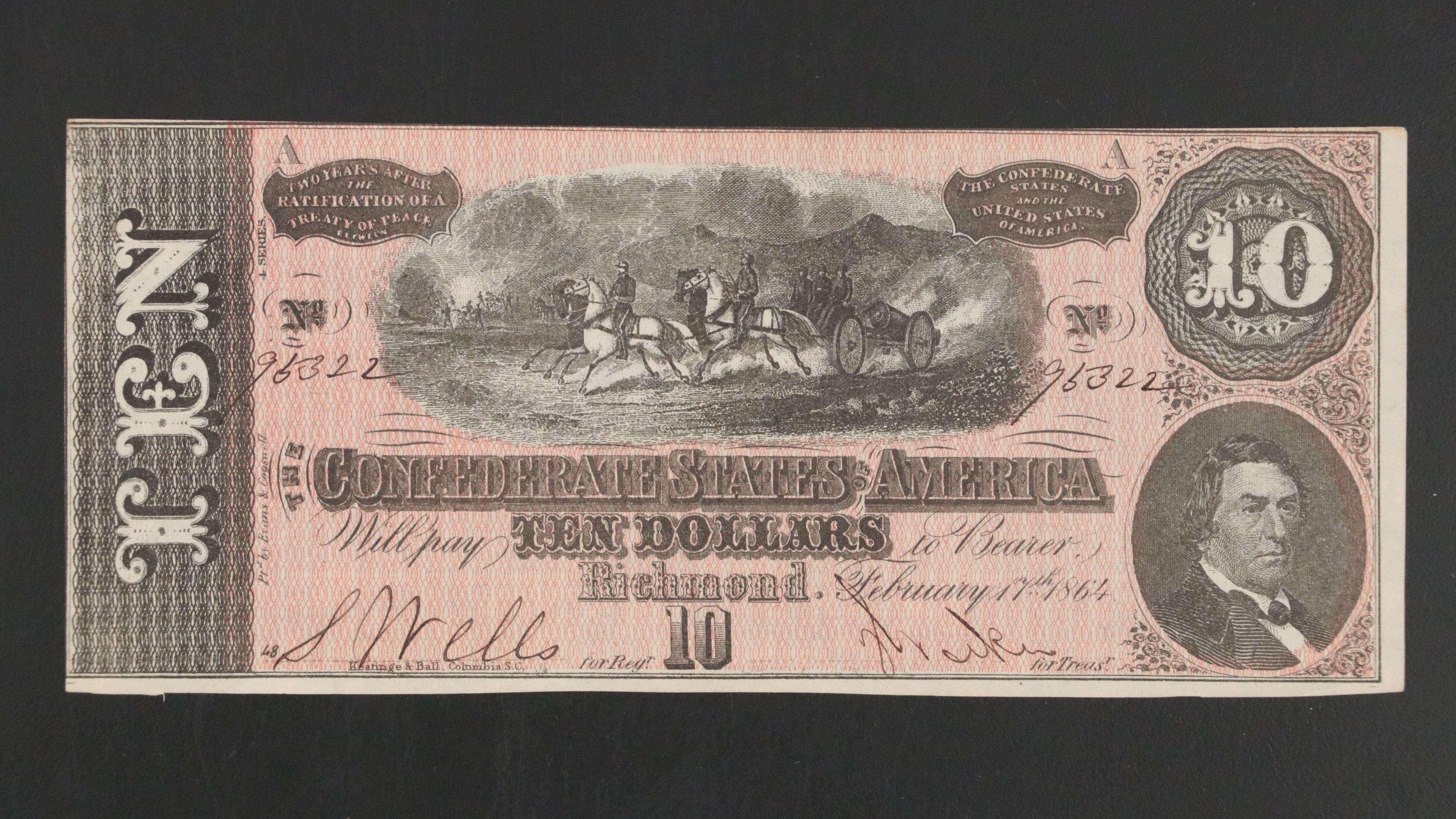 1864 CSA $10 Banknote (T-68) and 1862 $5 Virginia Treasury Note | EBTH