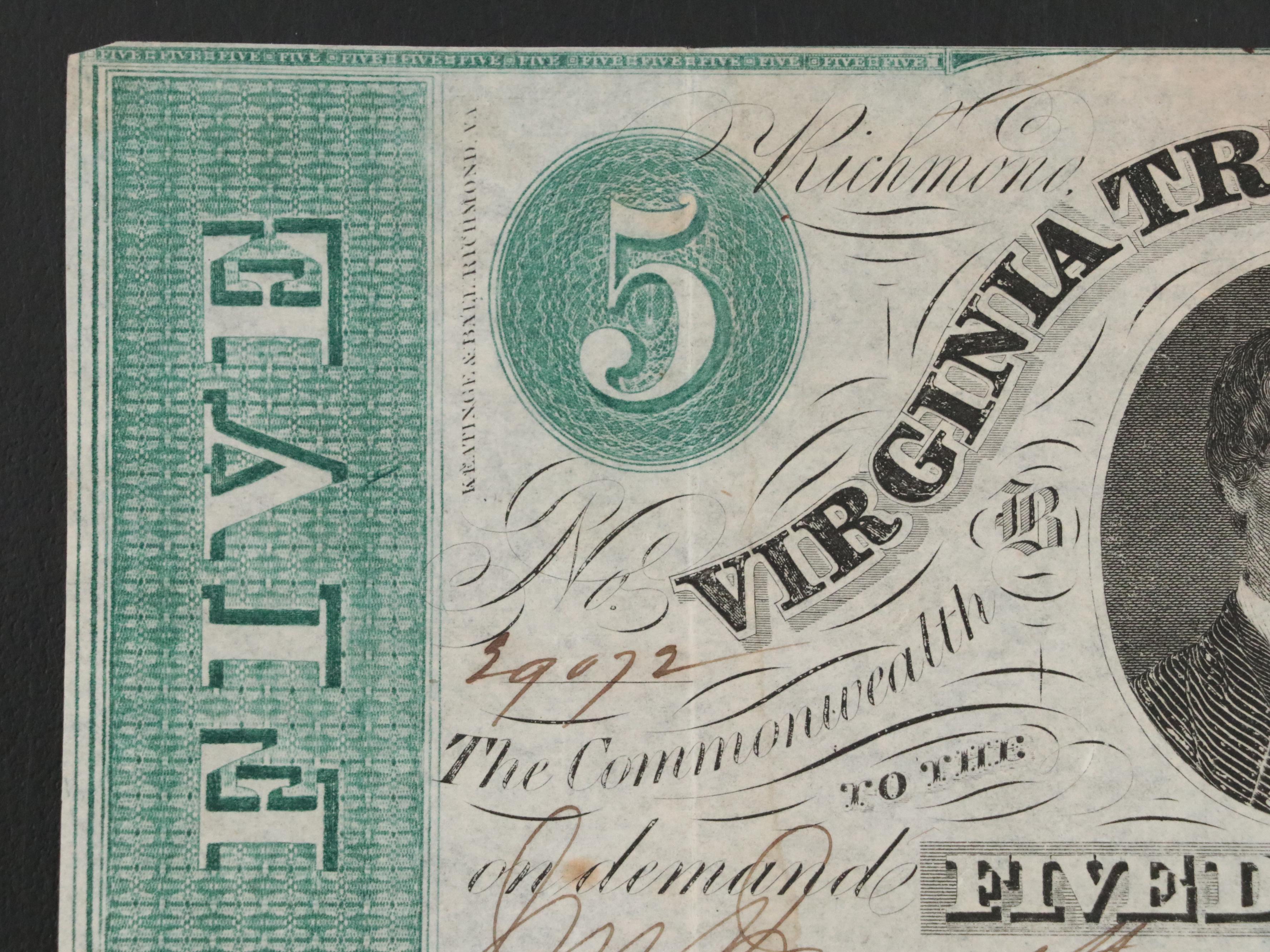 1864 CSA $10 Banknote (T-68) and 1862 $5 Virginia Treasury Note | EBTH