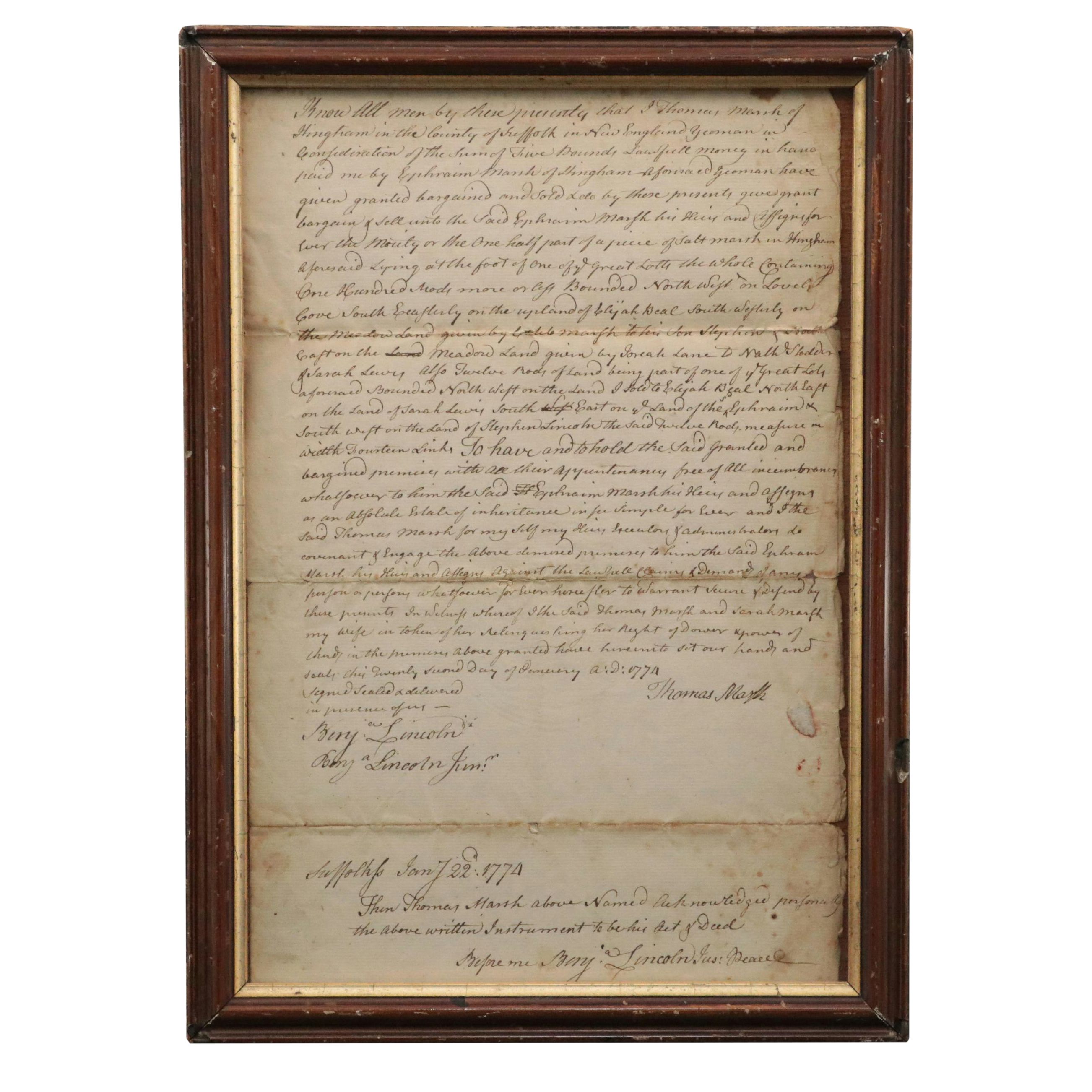 Benjamin Lincoln Hand-Written Land Deed, 1774 | Everything But The House