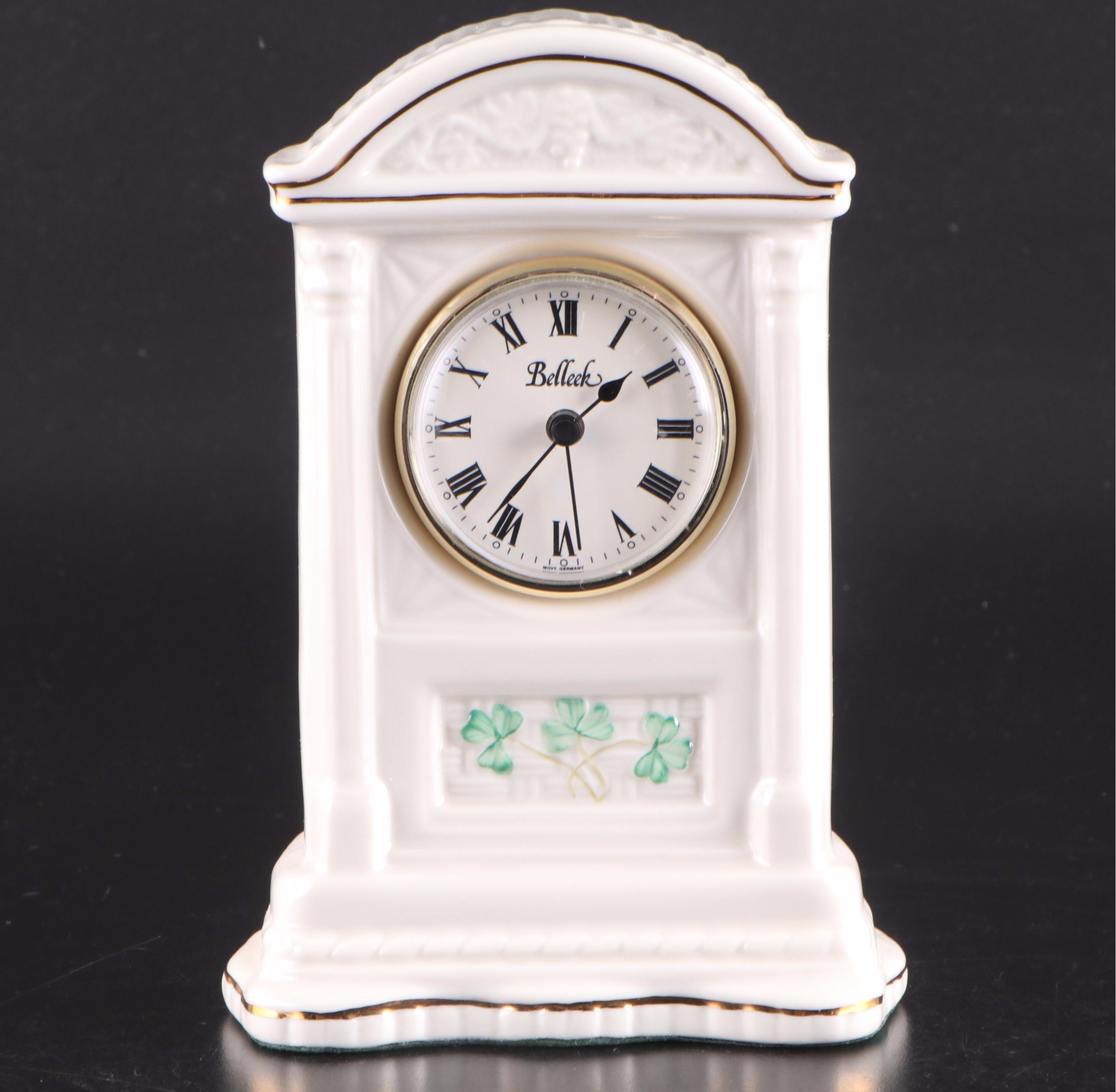 Belleek "Shamrock" Porcelain Mantel Clock with Waterford Glass Two ...