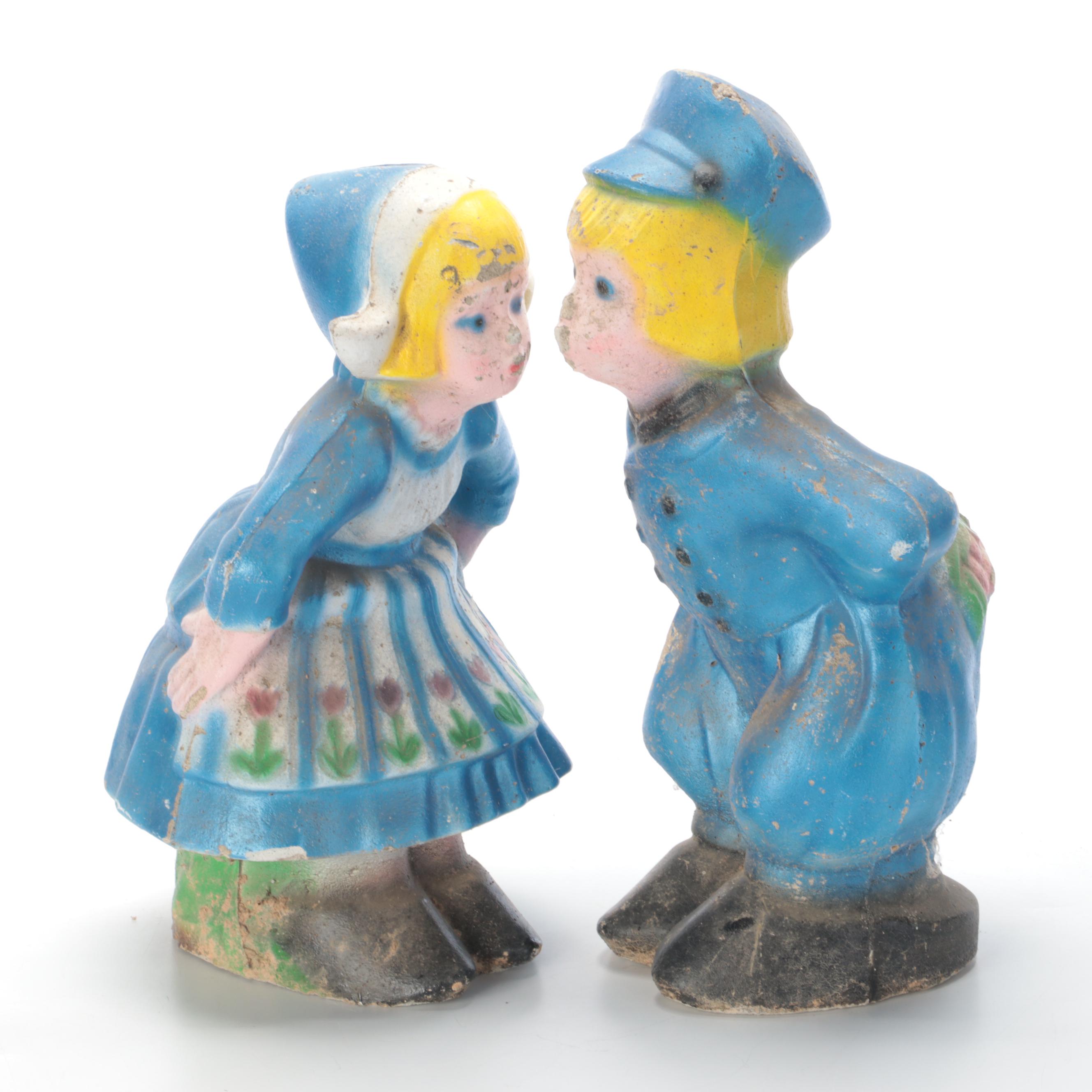 Paint Decorated Cast Concrete Dutch Kissing Garden Statues, Mid-20th ...