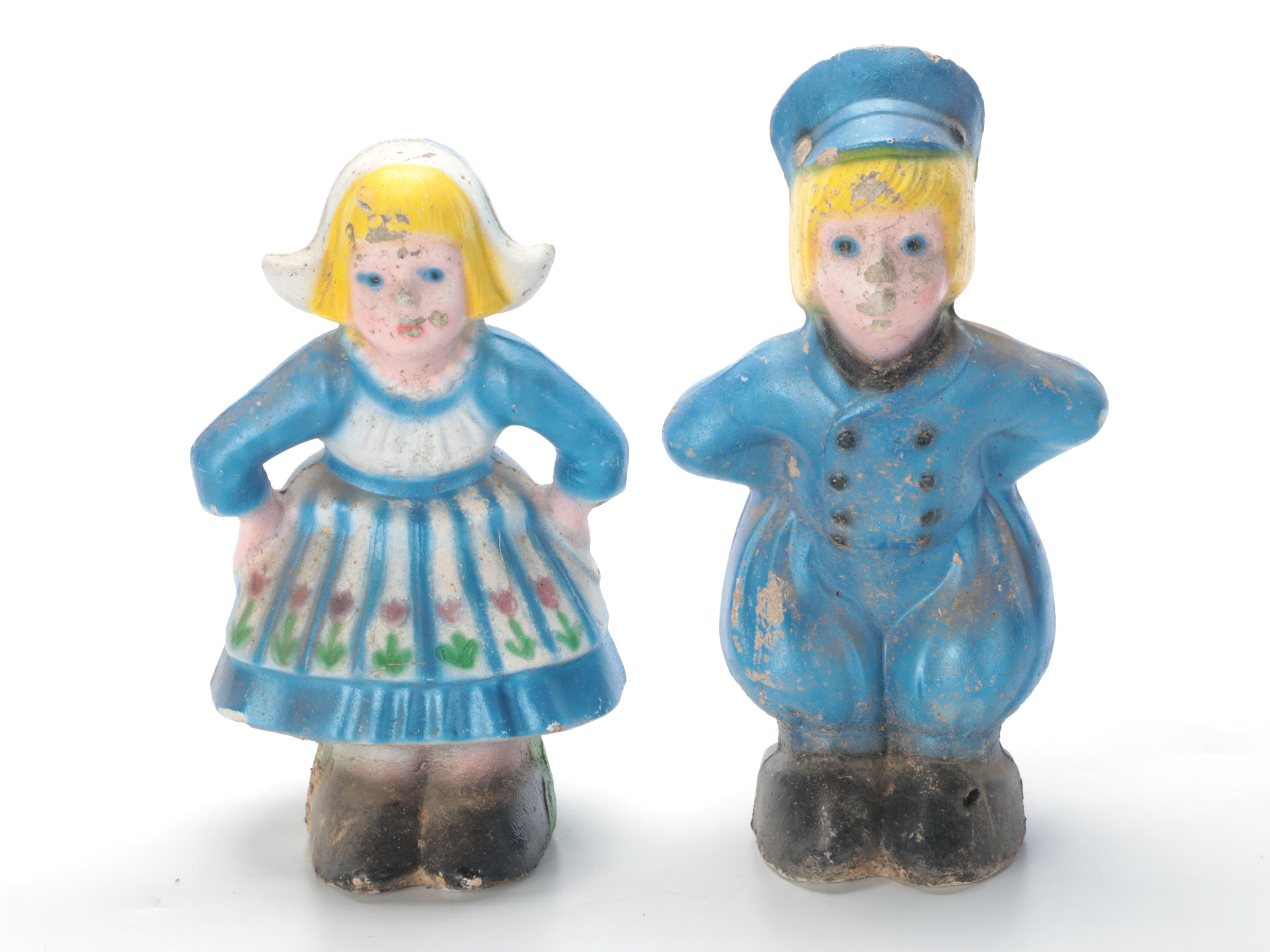 Paint Decorated Cast Concrete Dutch Kissing Garden Statues, Mid-20th ...