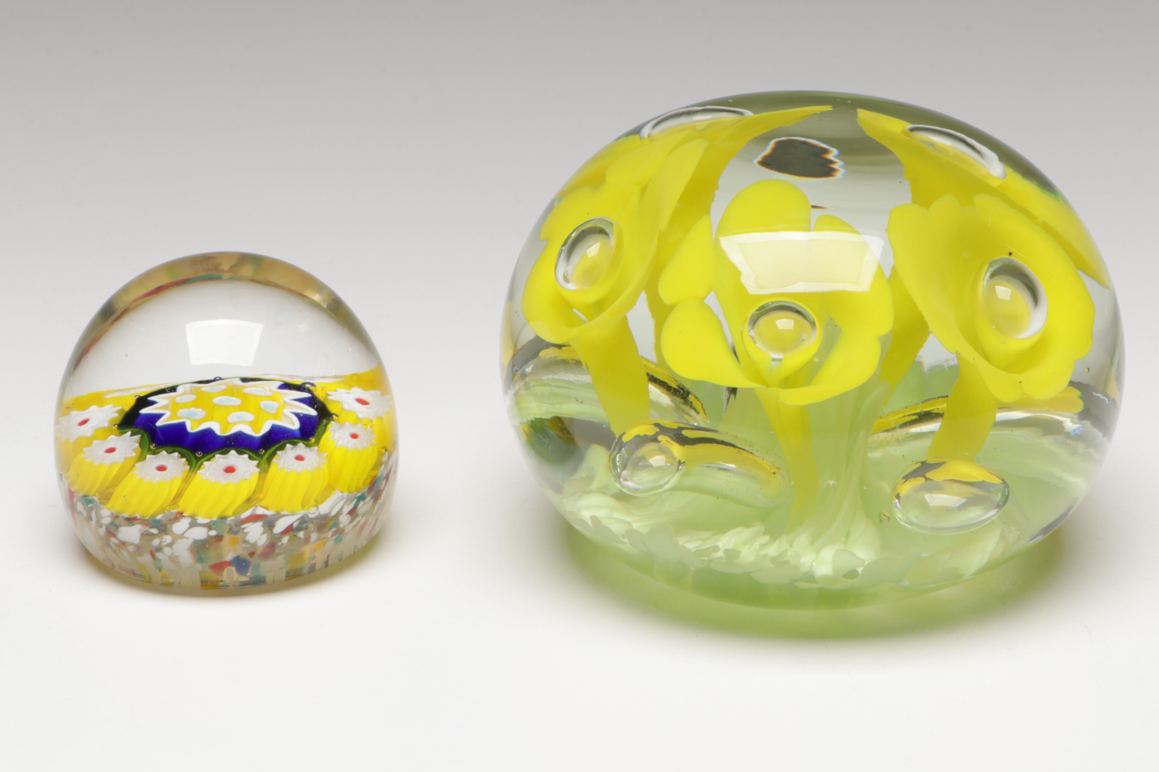 Handmade Art Glass Calla Lily and Millefiori Paperweights | EBTH