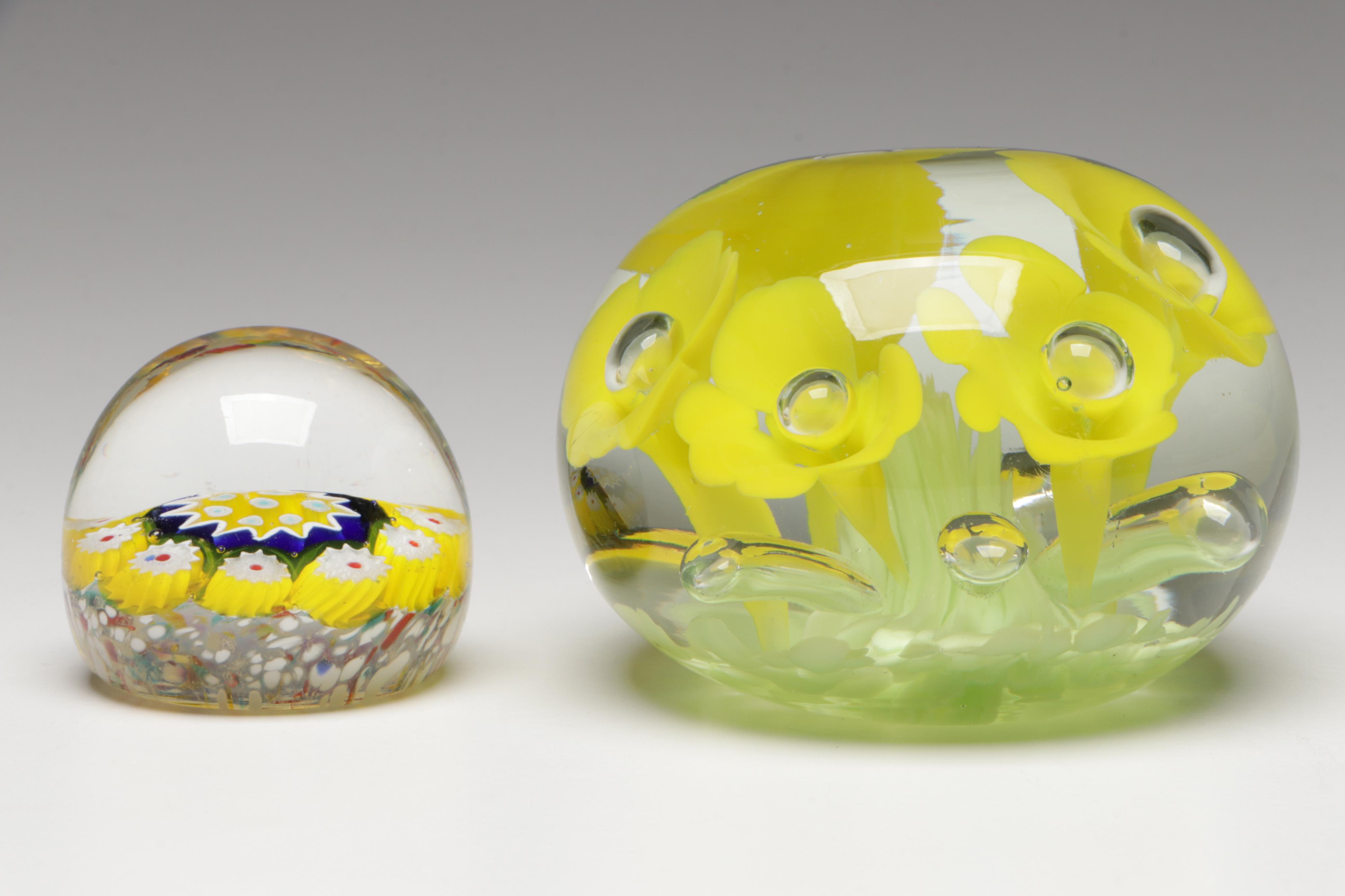 Handmade Art Glass Calla Lily and Millefiori Paperweights | EBTH