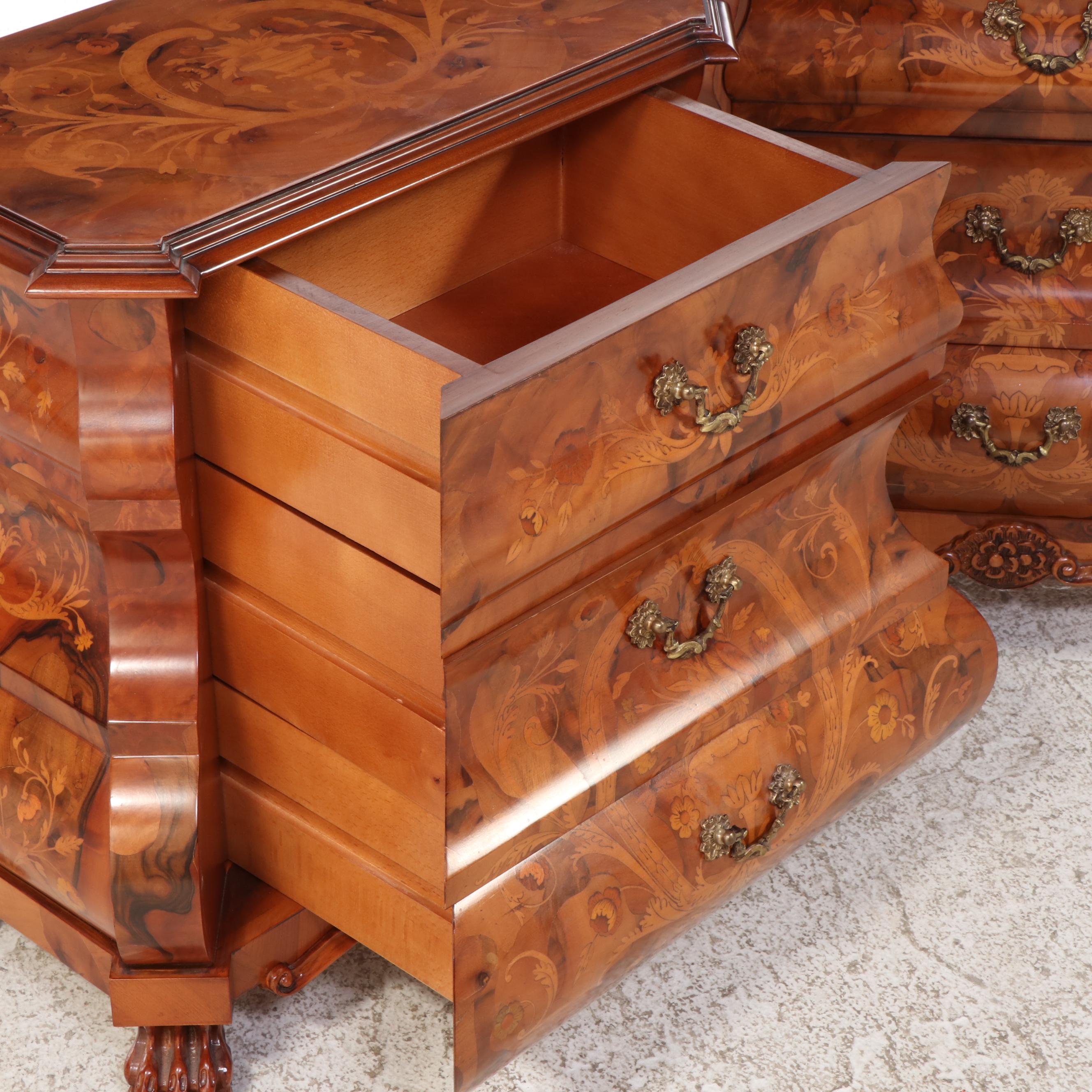 Pair of Italian Baroque Style Burl and Fruitwood Marquetry Inlaid Bombé ...