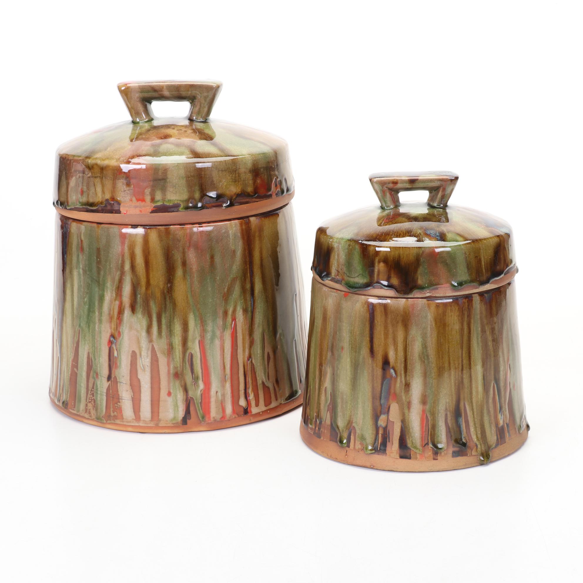 Pair of Art Pottery Drip Glaze Jars With Trapezoid Handles In Earthen ...