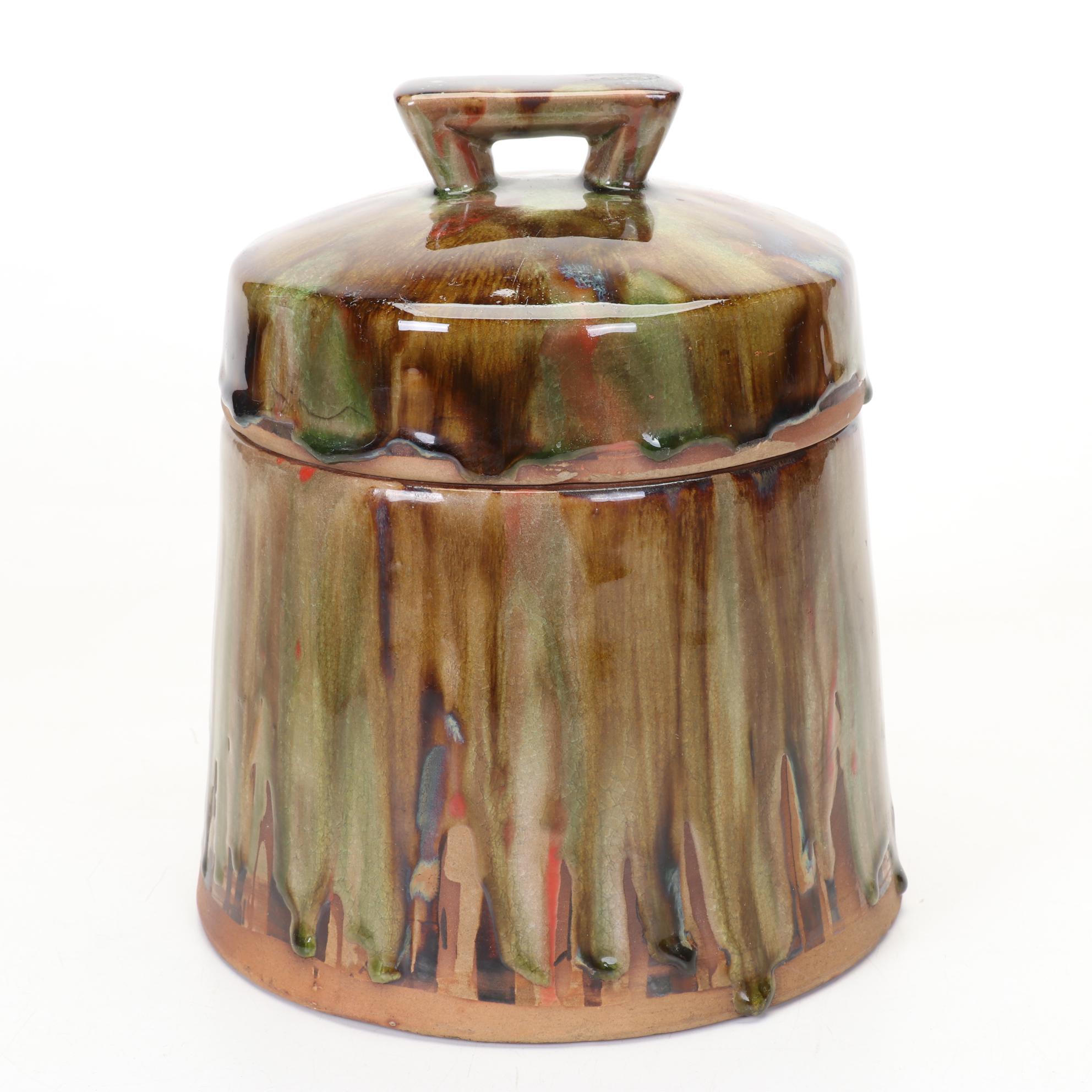 Pair of Art Pottery Drip Glaze Jars With Trapezoid Handles In Earthen ...