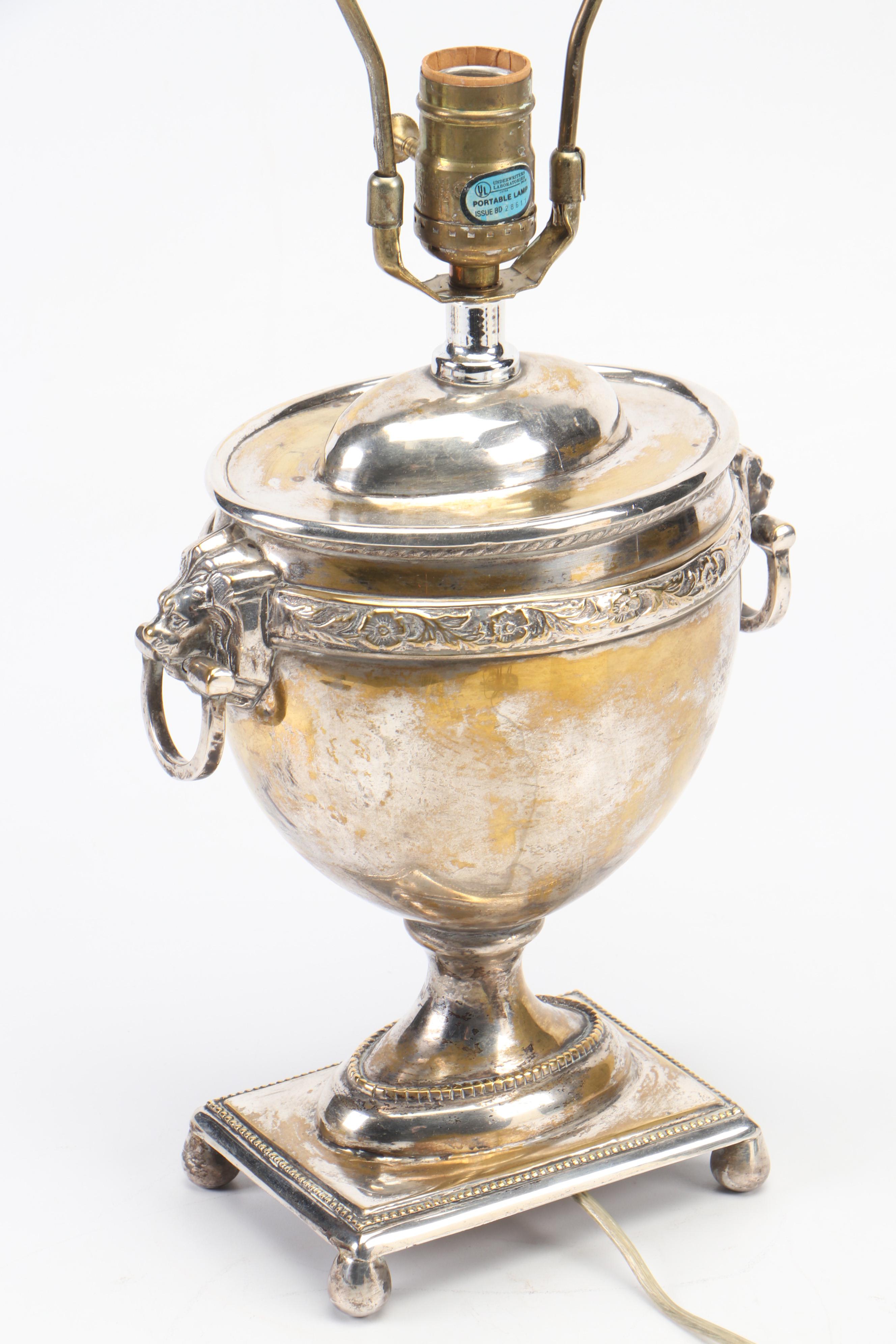 Silver Plate Lion Handled Demi Form and Beading Accent Table Lamp | EBTH