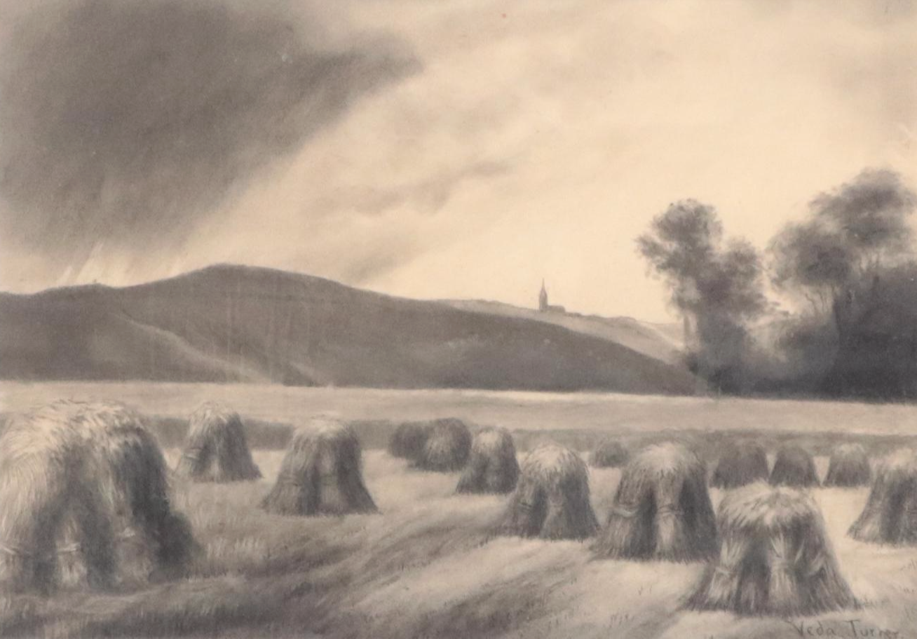 Pastoral Landscape Charcoal Drawing of Hay Bales in Field | EBTH