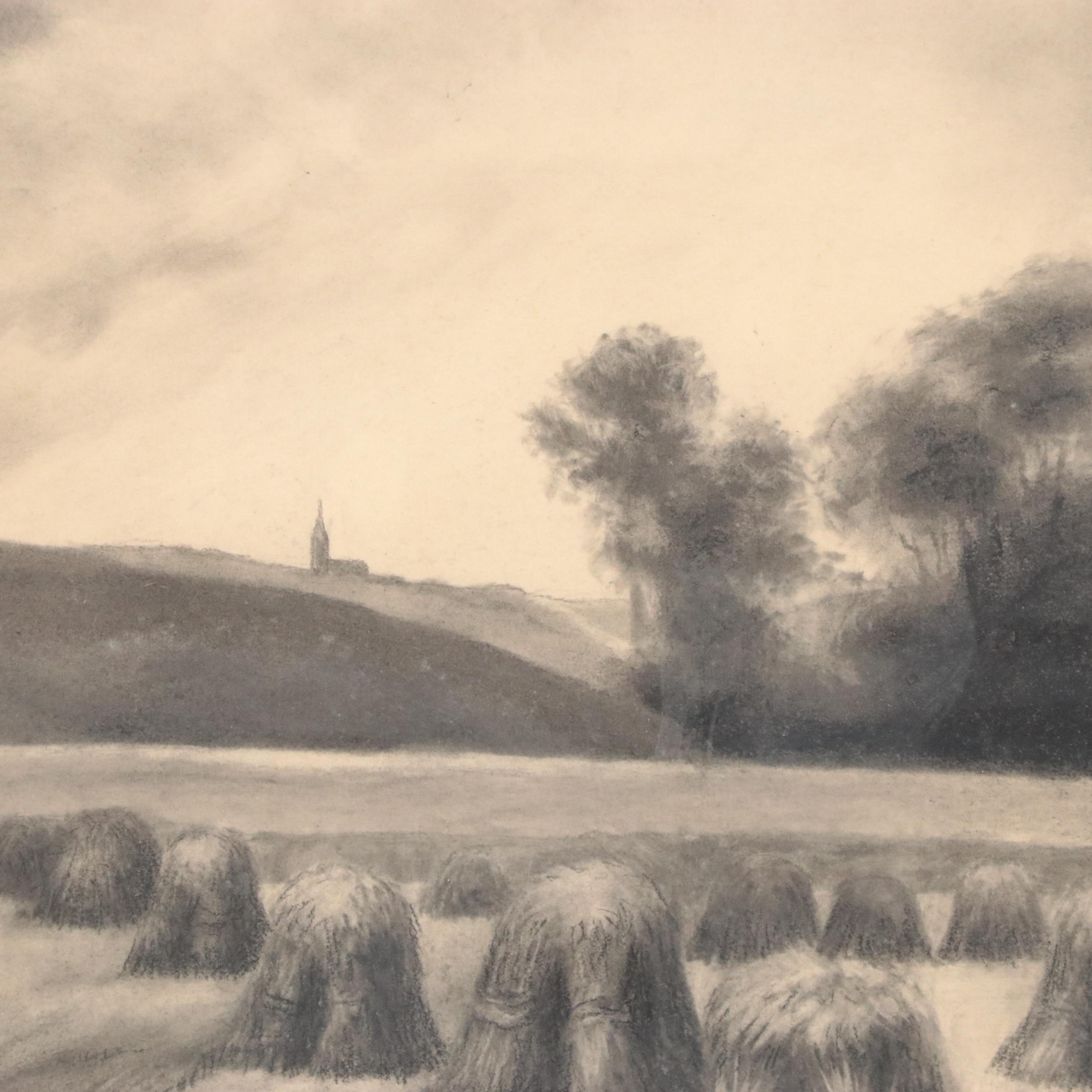 Pastoral Landscape Charcoal Drawing of Hay Bales in Field | EBTH