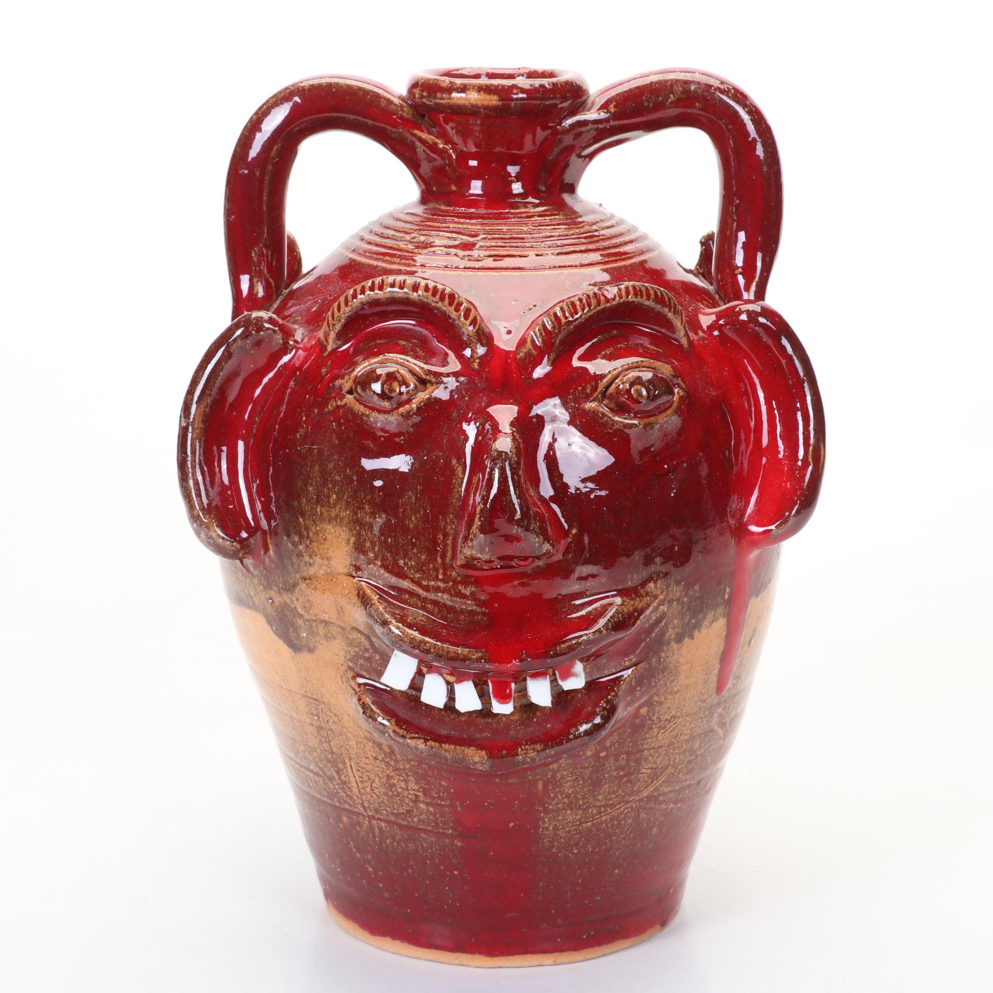 Ben Allman Signed Folk Art Double Sided Pottery Face Jug In Red and ...