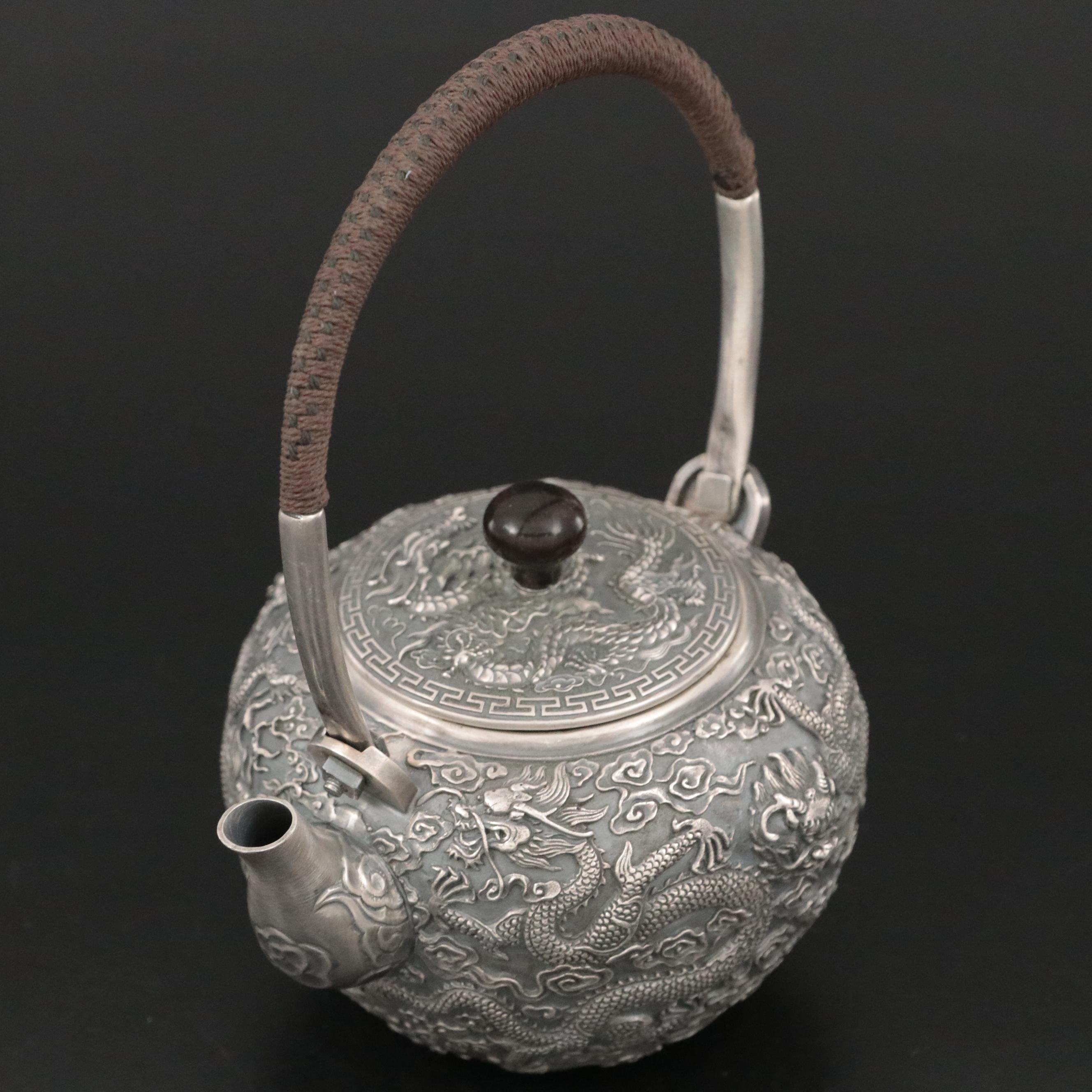Japanese Fine Silver Teapot with Fighting Dragon Motif and Thread ...