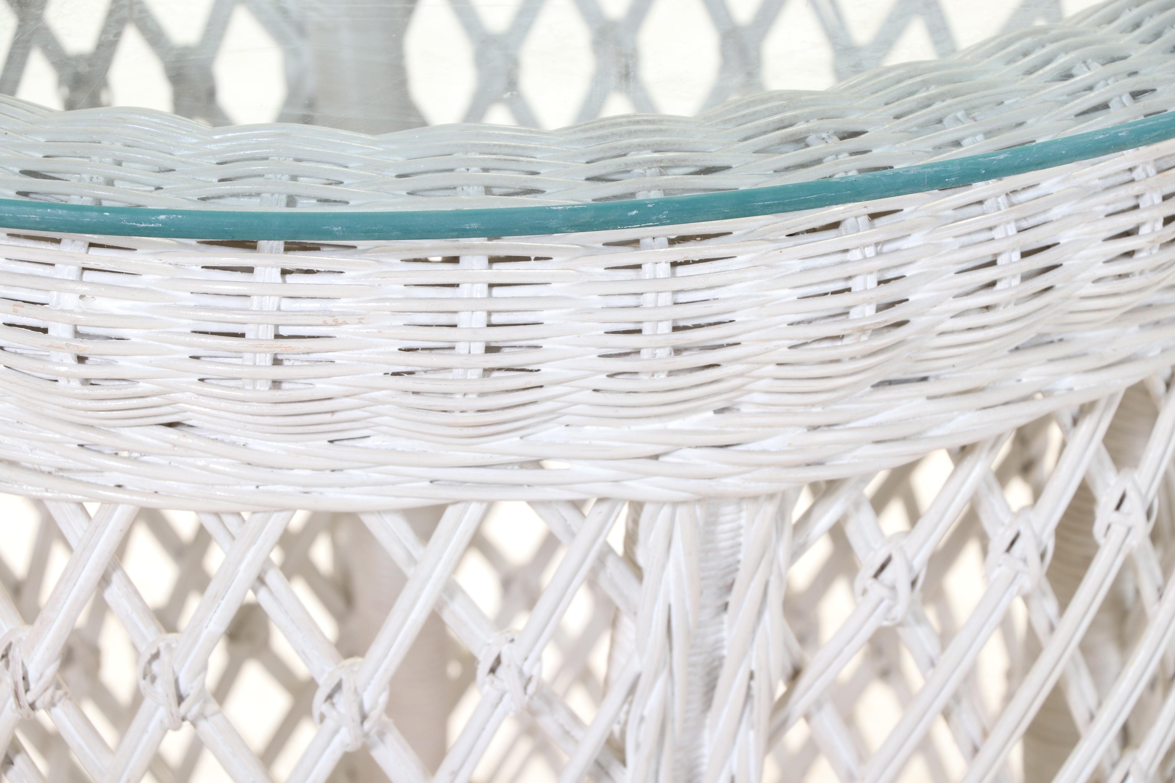 White-Painted Wicker, Rattan, and Glass Top Coffee Table w/ Pair of ...