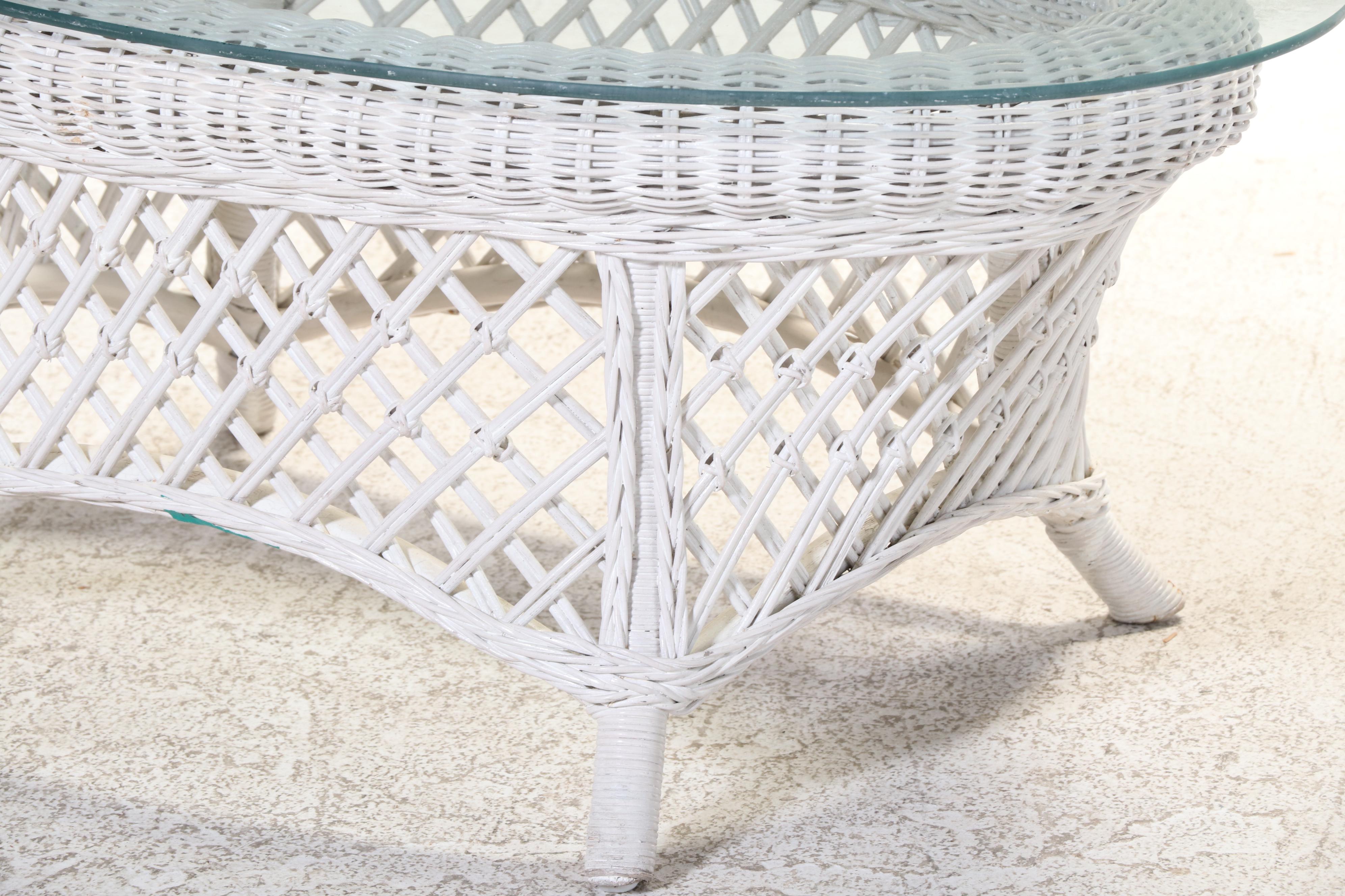 White-Painted Wicker, Rattan, and Glass Top Coffee Table w/ Pair of ...