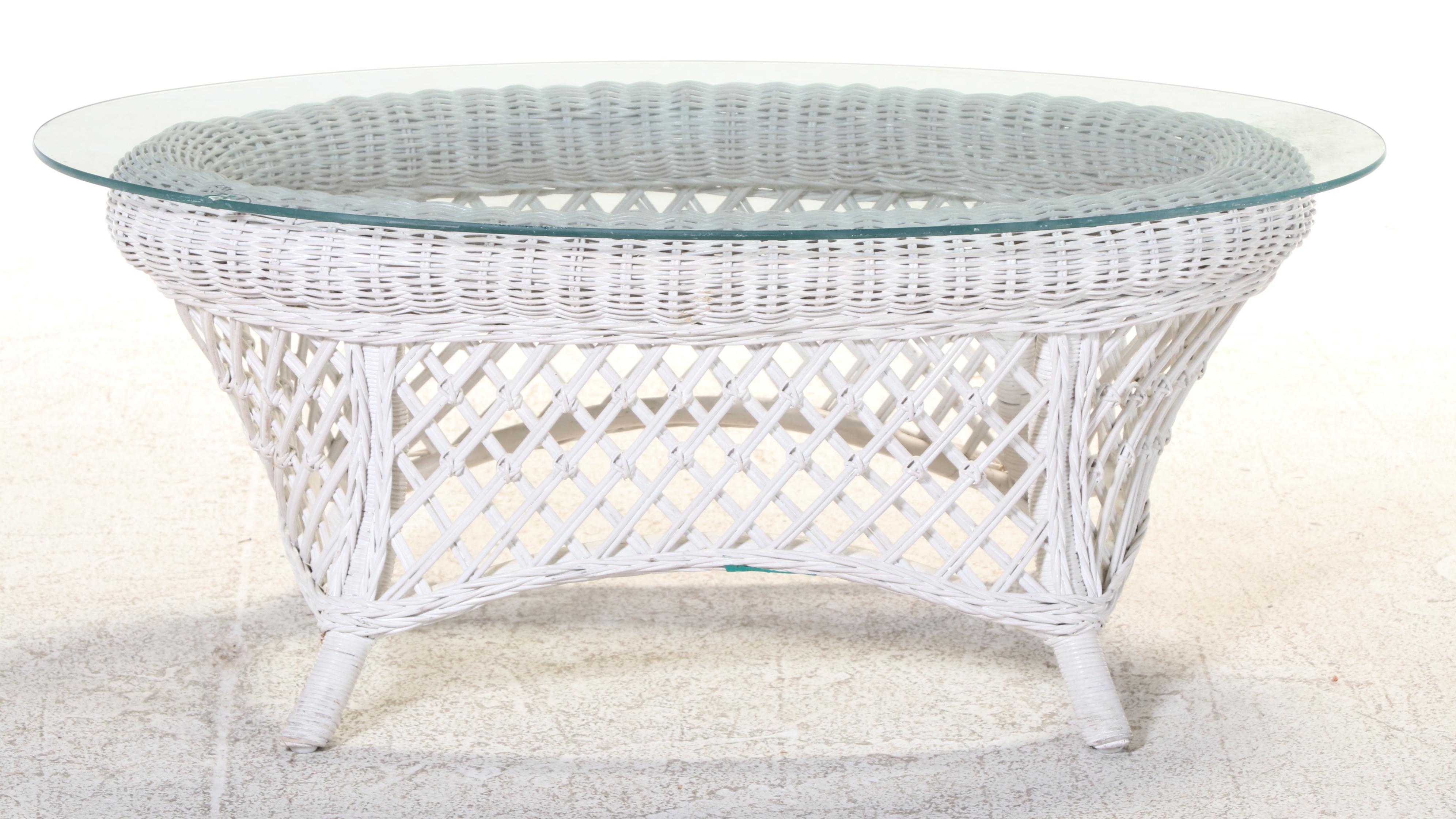 White-Painted Wicker, Rattan, and Glass Top Coffee Table w/ Pair of ...