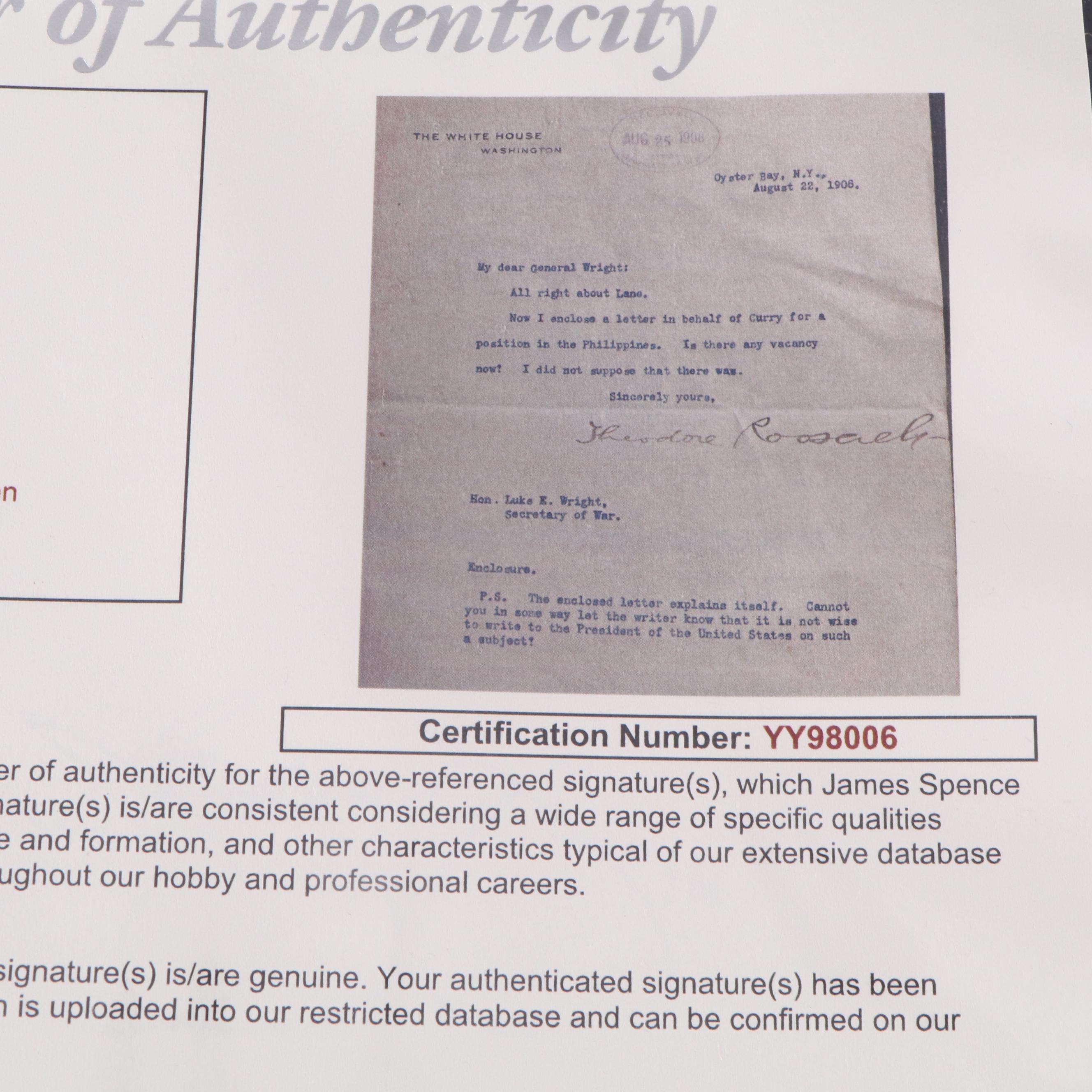 Signed Theodore Roosevelt Letter to General Wright, 1908 | Everything ...