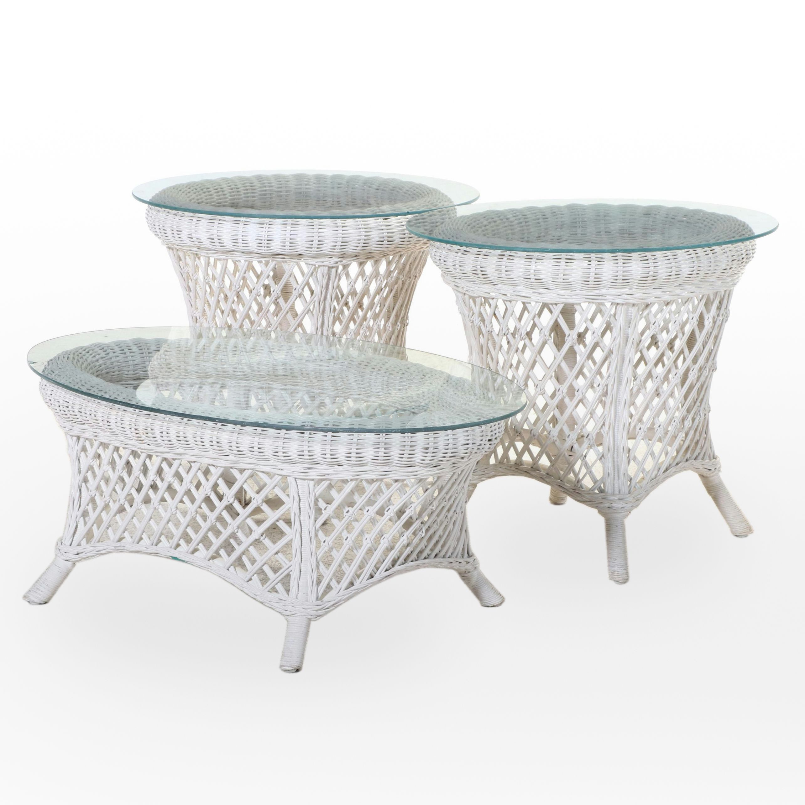White-Painted Wicker, Rattan, and Glass Top Coffee Table w/ Pair of ...