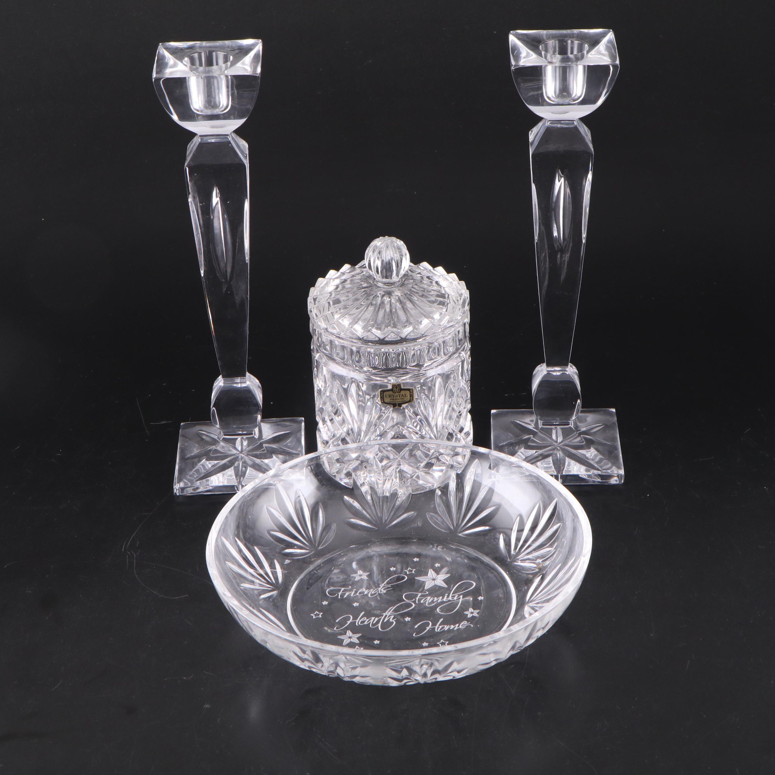 Galway Crystal Candlesticks with Fan Pattern Crystal Biscuit Barrel and ...