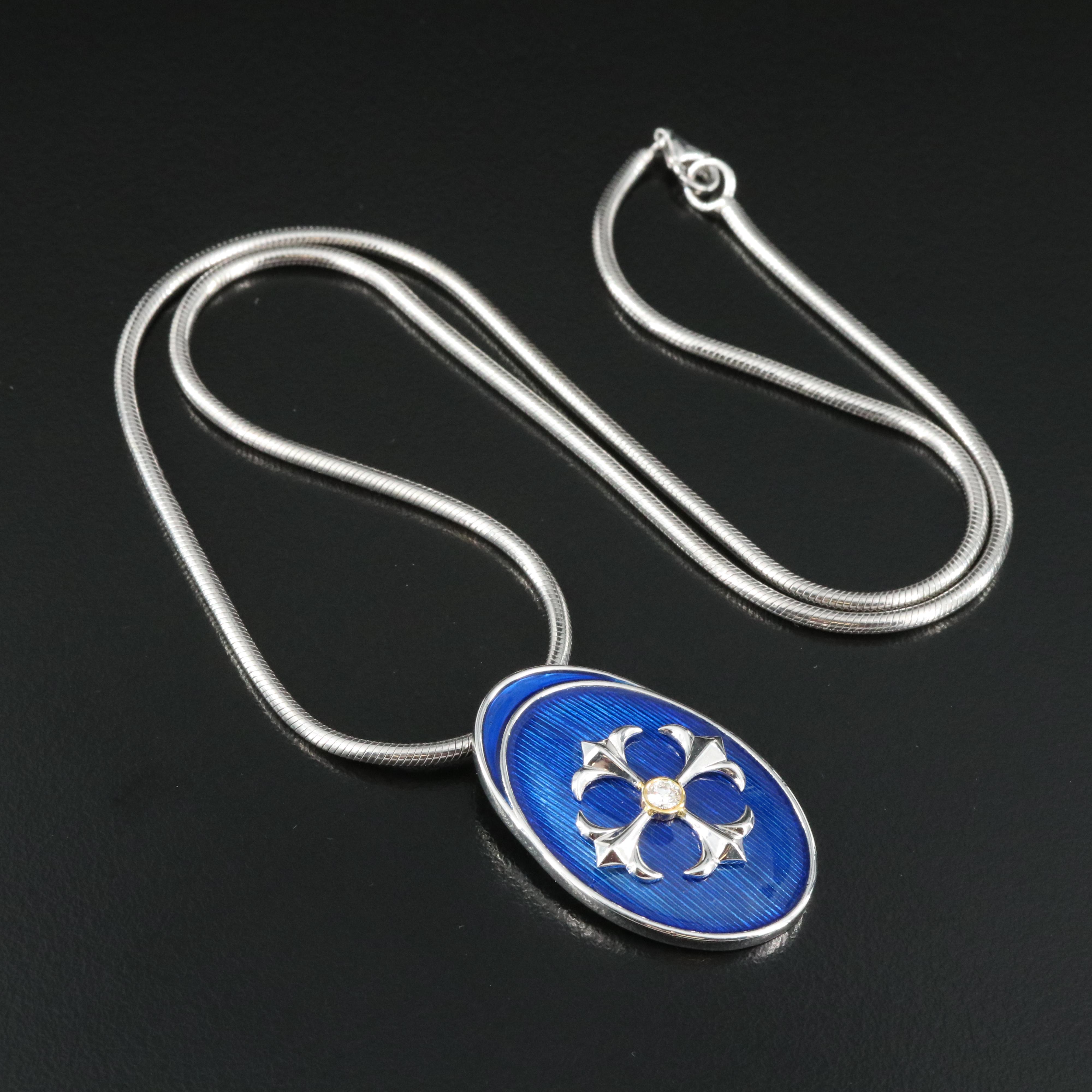 Carl Blackburn Sterling Diamond and Enamel Cross Pendant Necklace | EBTH