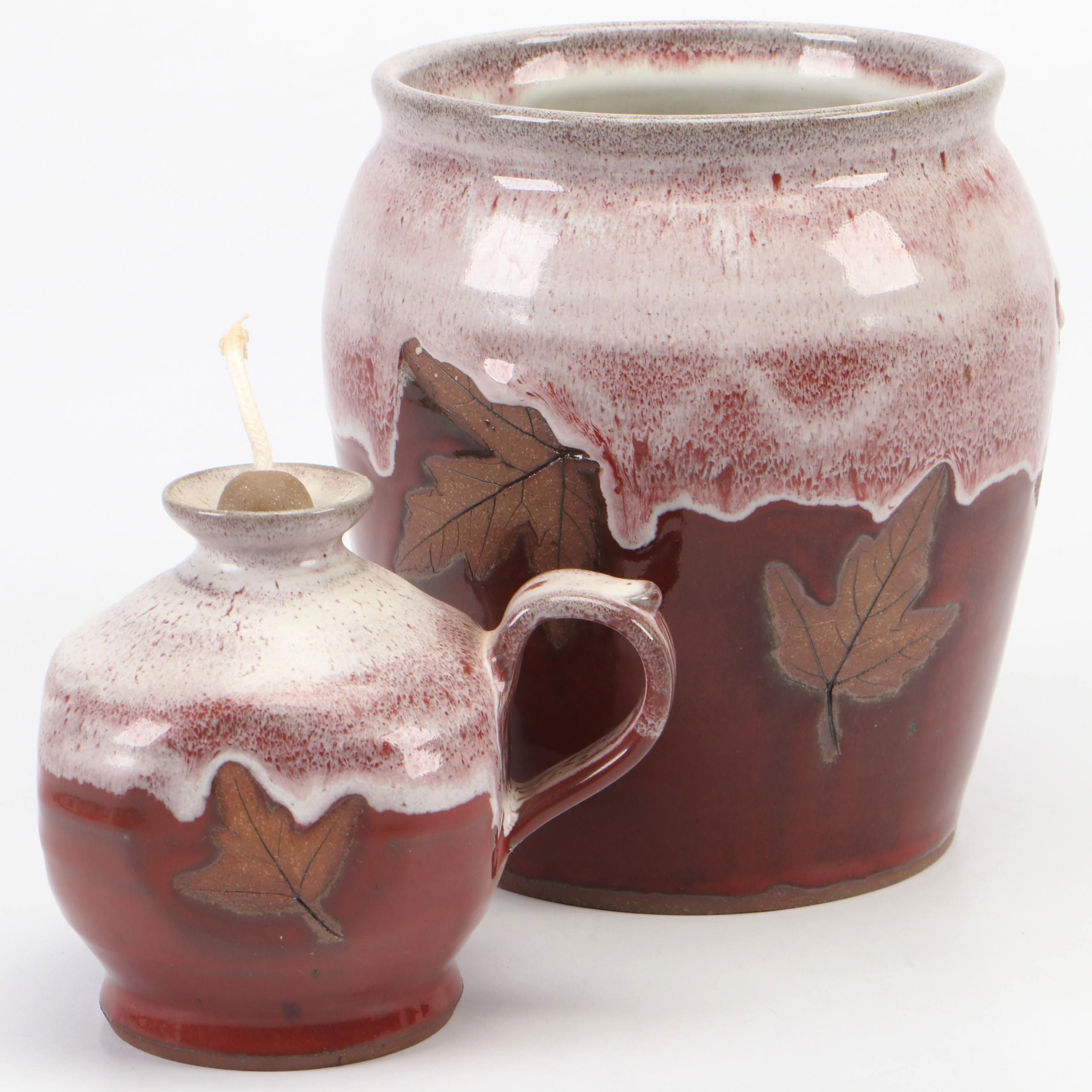 Robert Alewine Pottery Leaf Impressions Oil Lamp and Vase, 2006 | EBTH