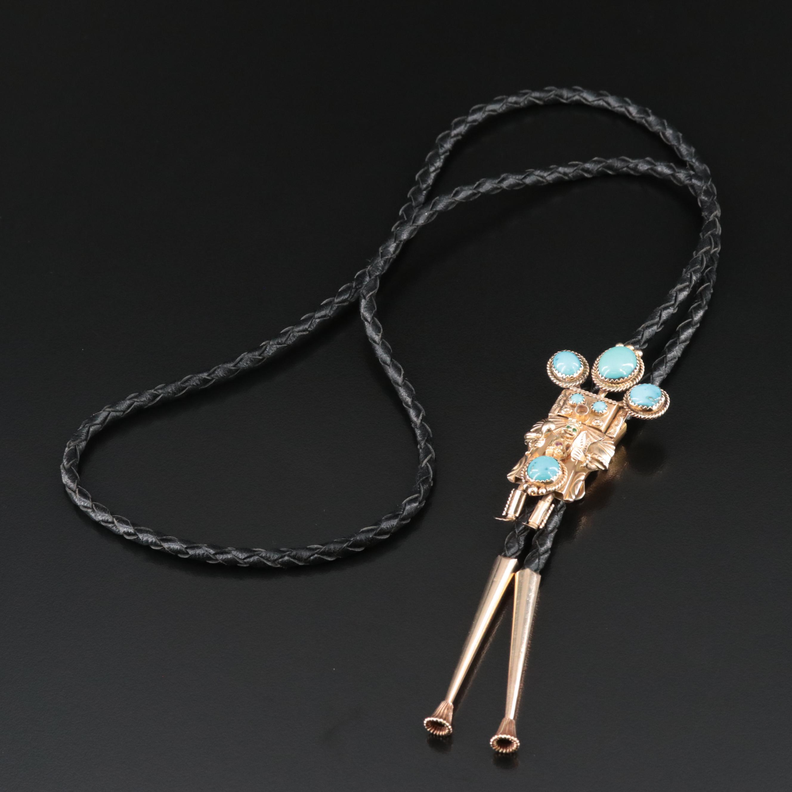 Will Denetdale Navajo Diné 14K Turquoise Kachina Bolo Tie with Ruby ...