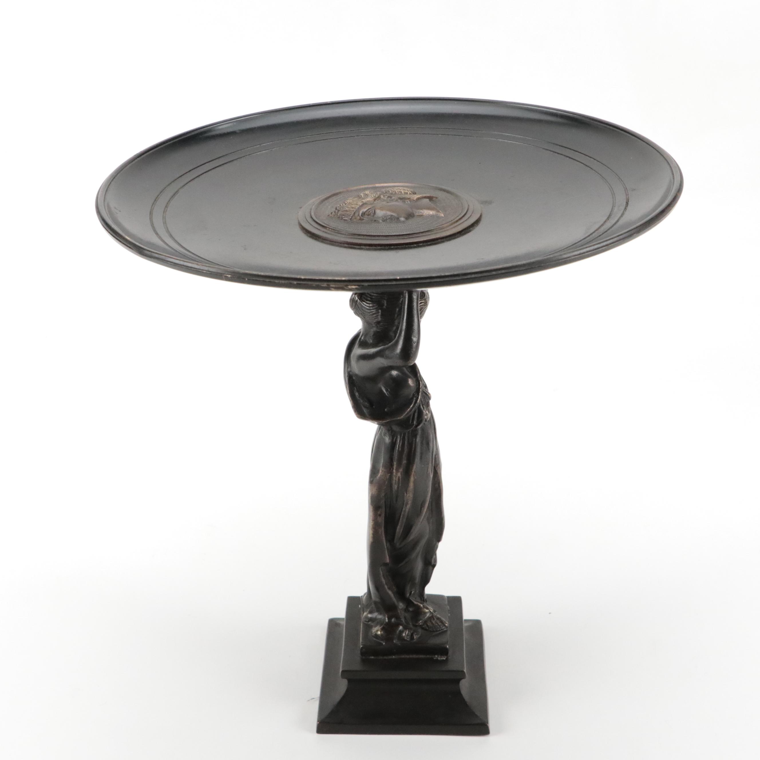Neoclassical Style Bronze Tazza With Female Figural Base and Low Relief ...