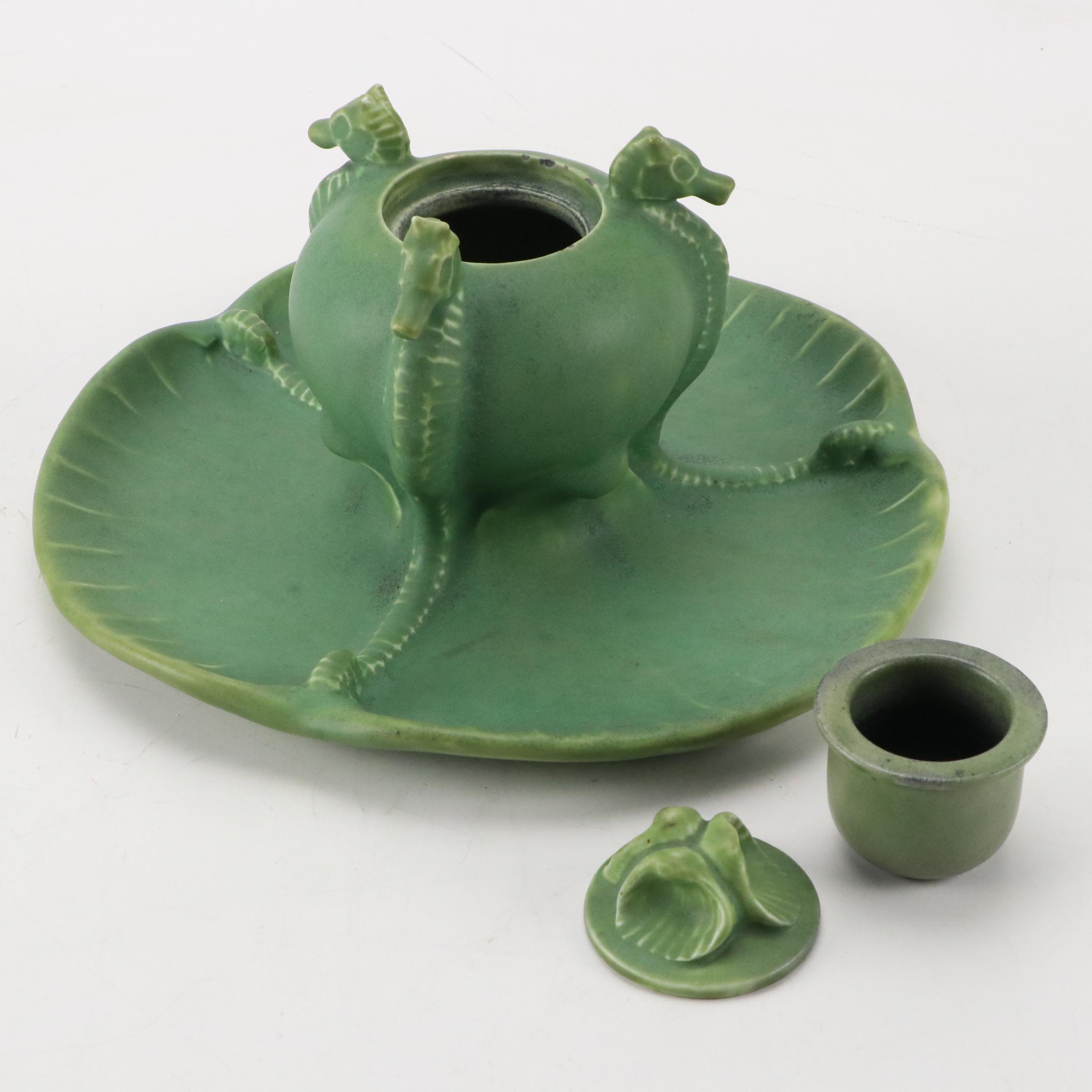 Rookwood Pottery Seahorse Motif Green Glazed Ceramic Inkwell, 1905 | EBTH