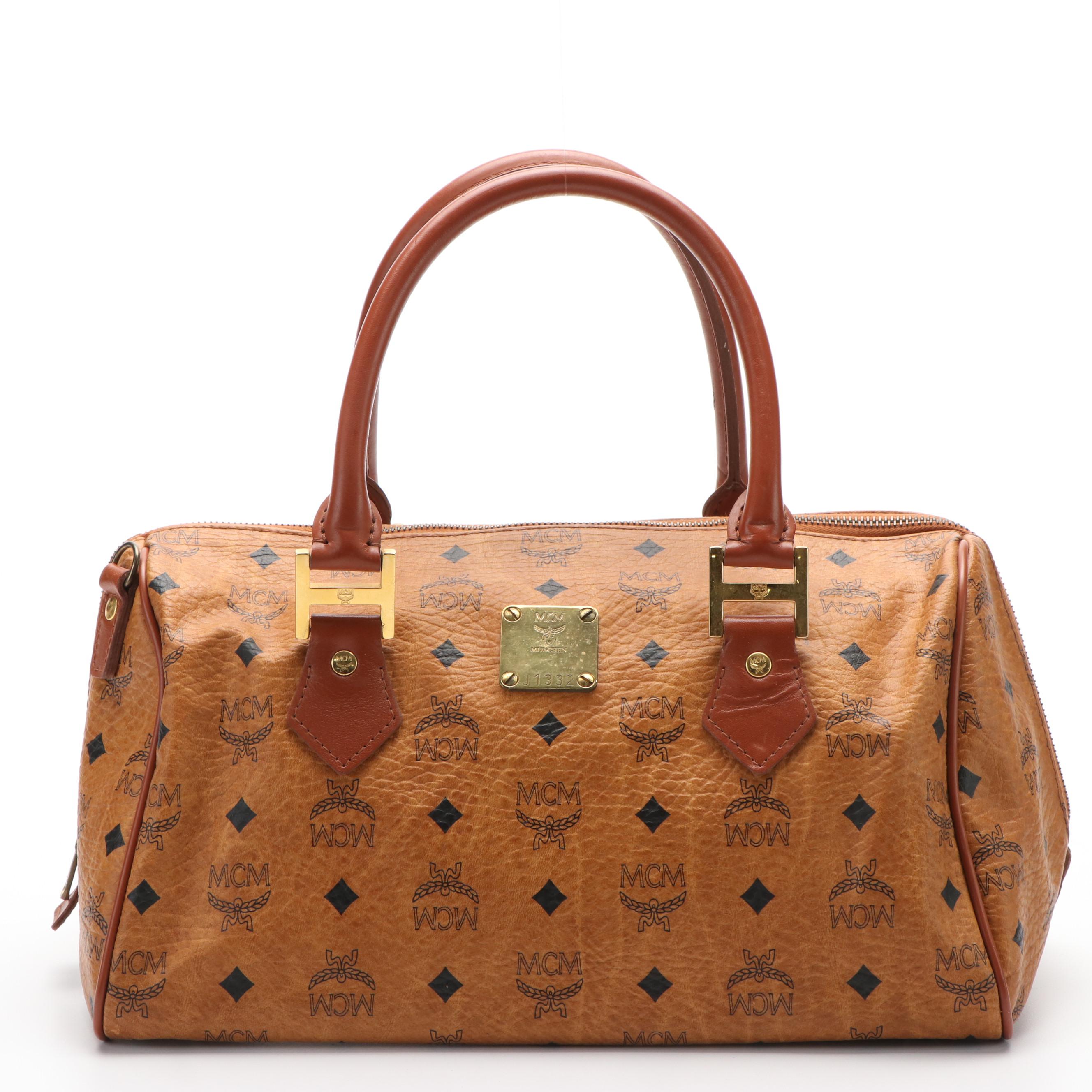 MCM Monogram Visetos Cognac Coated Canvas and Leather Boston Bag | EBTH