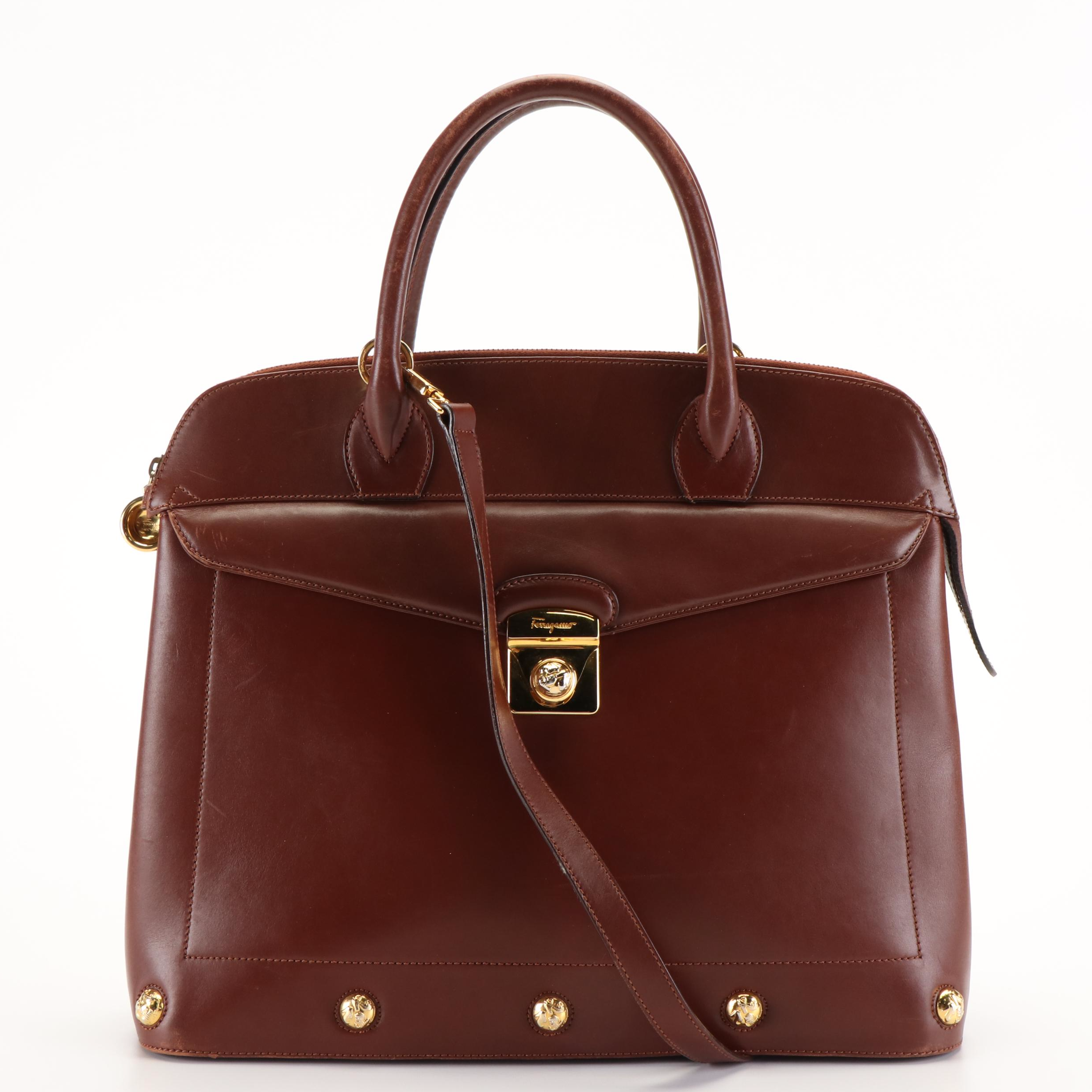 Salvatore Ferragamo Studded Brown Leather Two-Way Satchel | EBTH