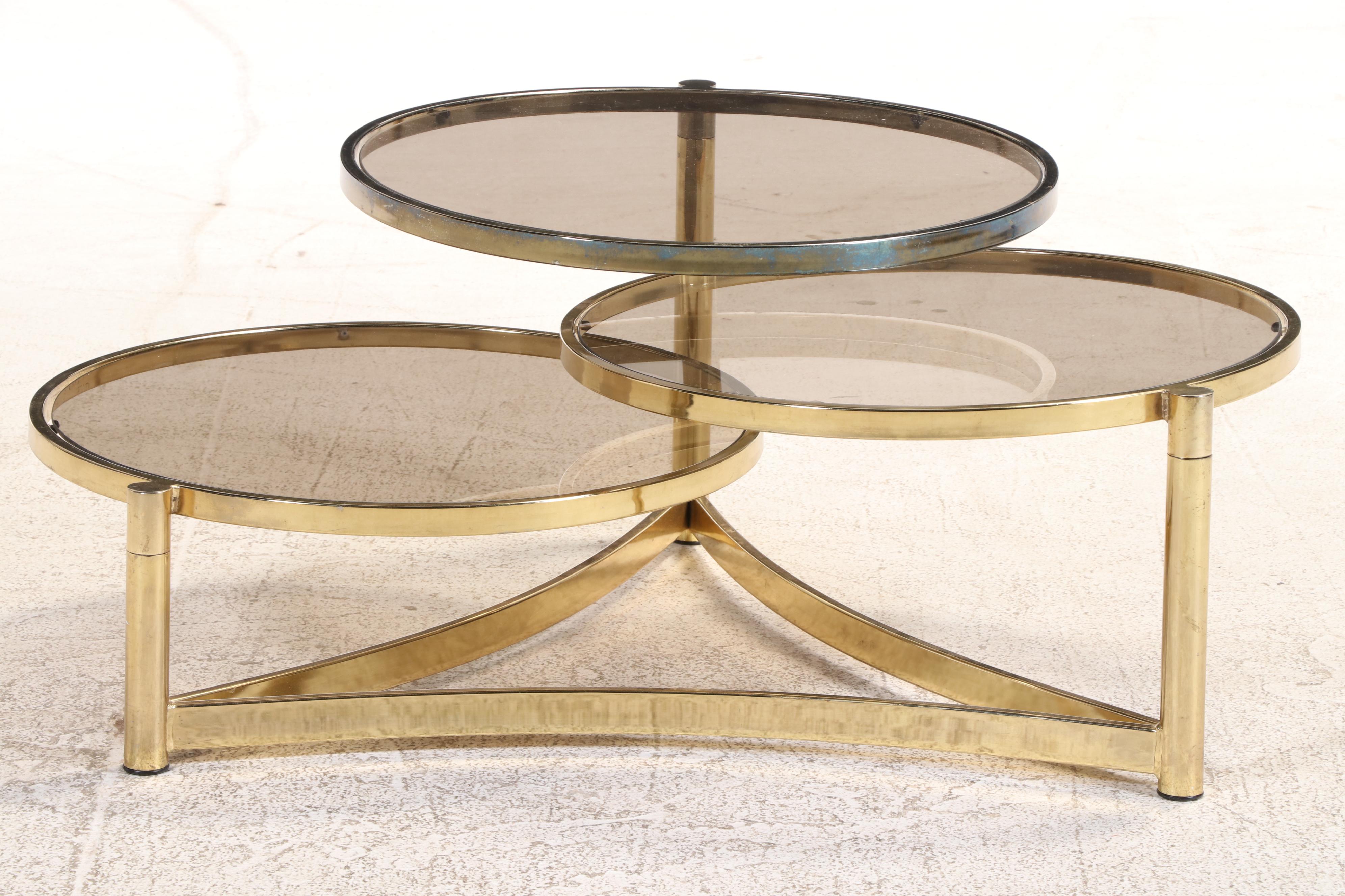 Modernist Brass-Patinated and Smoked Glass Three-Tier Swivel-Top Coffee ...