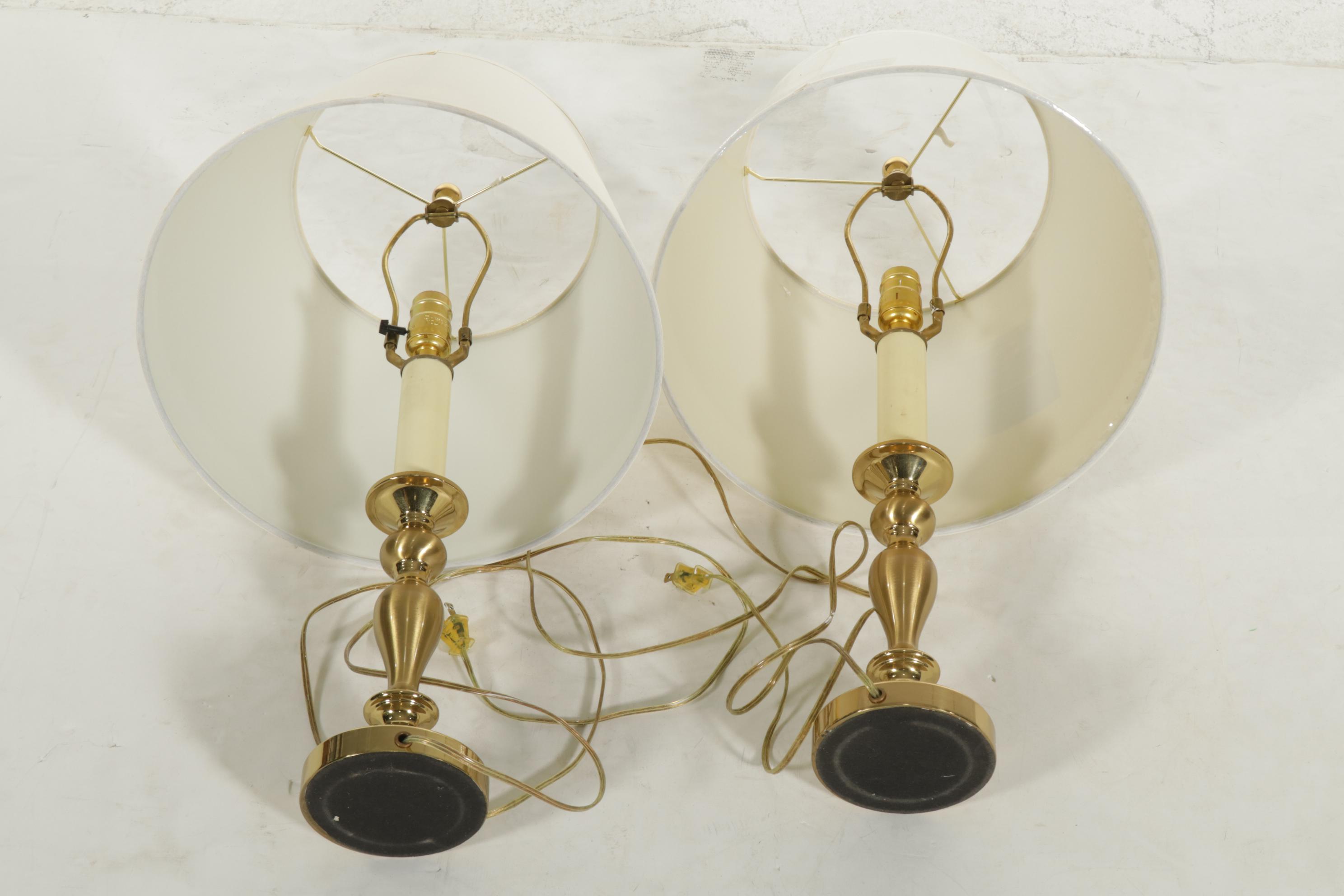 Pair of Federal Style Turned Brass Candlestick Table Lamps | EBTH
