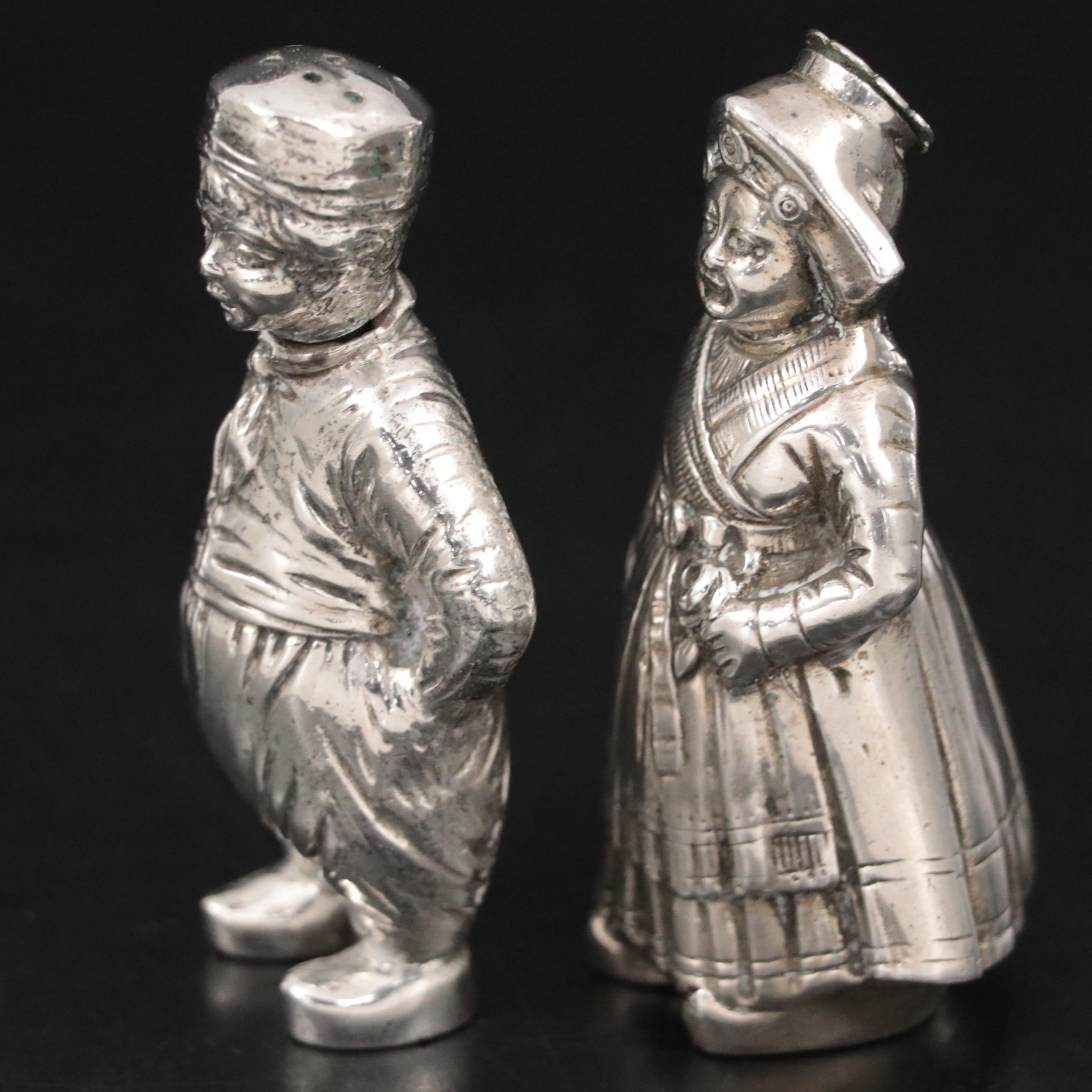 German 800 Silver Figural Salt Shakers of Traditional Couple | EBTH