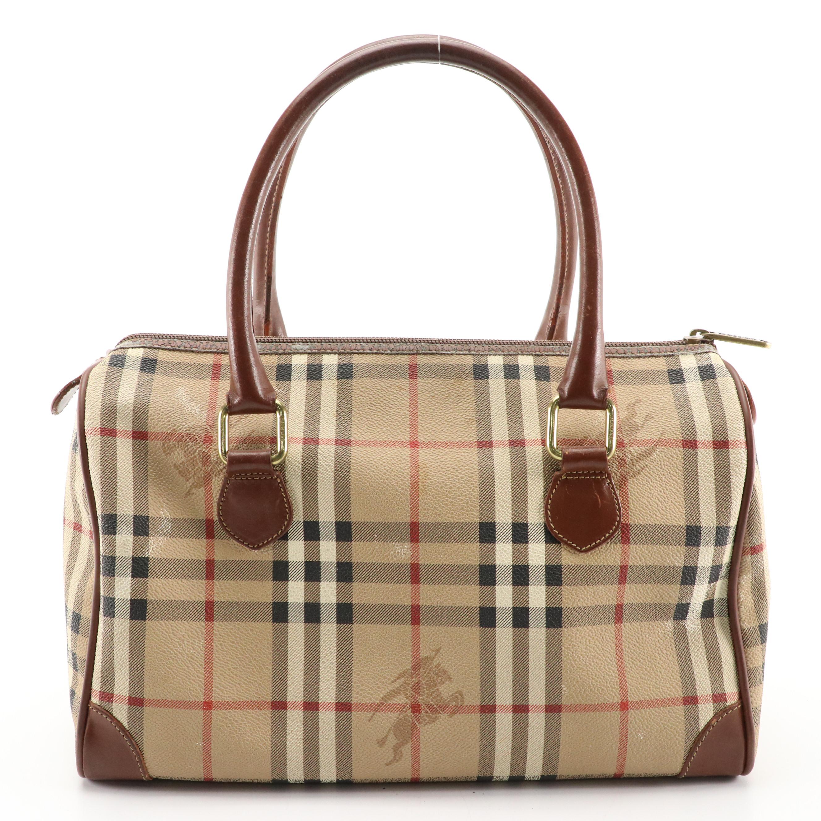 Burberrys Boston Bag in Haymarket Check Coated Canvas and Brown Leather ...