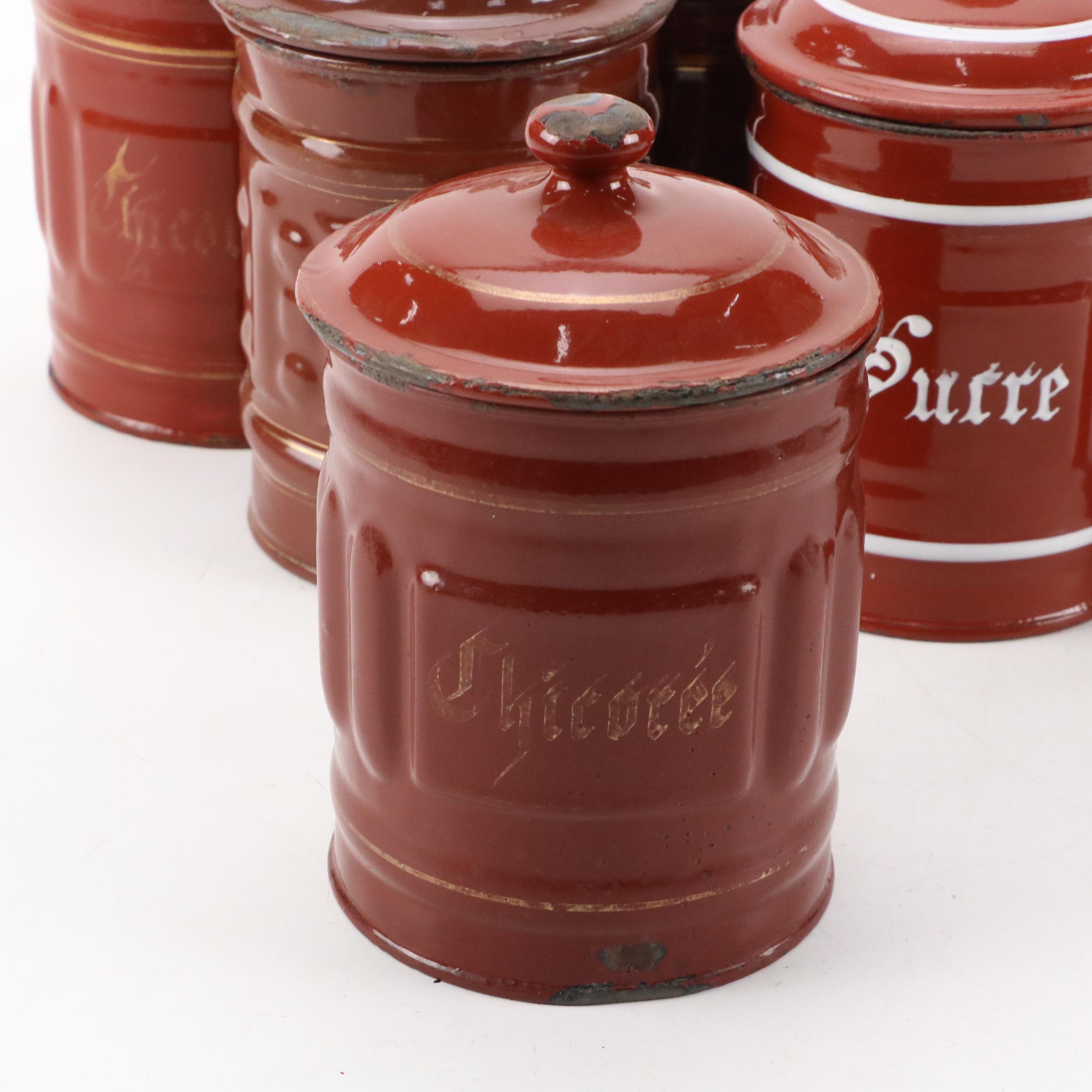French Enameled Metal Canisters, Early 20th Century | EBTH