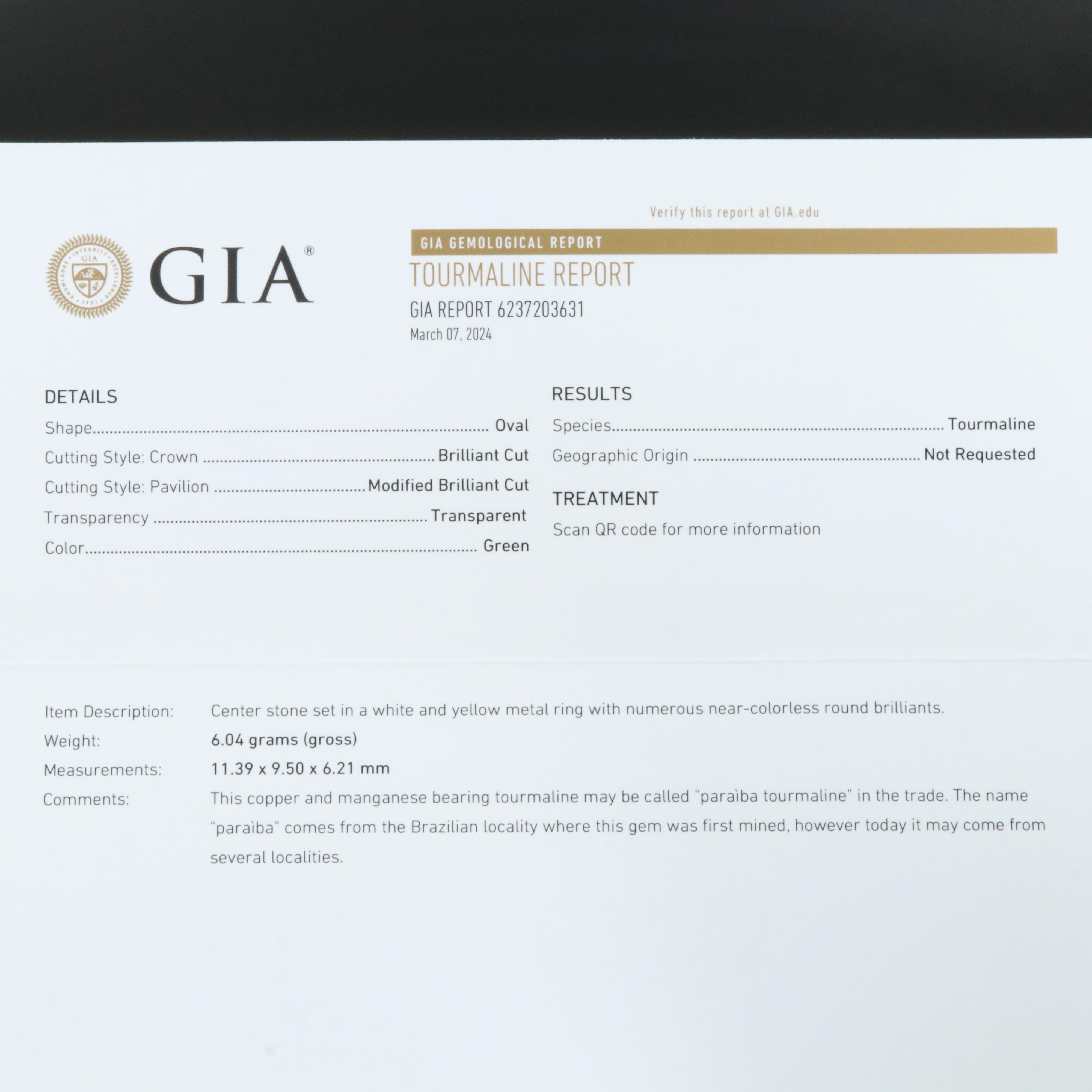 18K Two-Tone Paraiba Tourmaline and Diamond Ring with GIA Report | EBTH