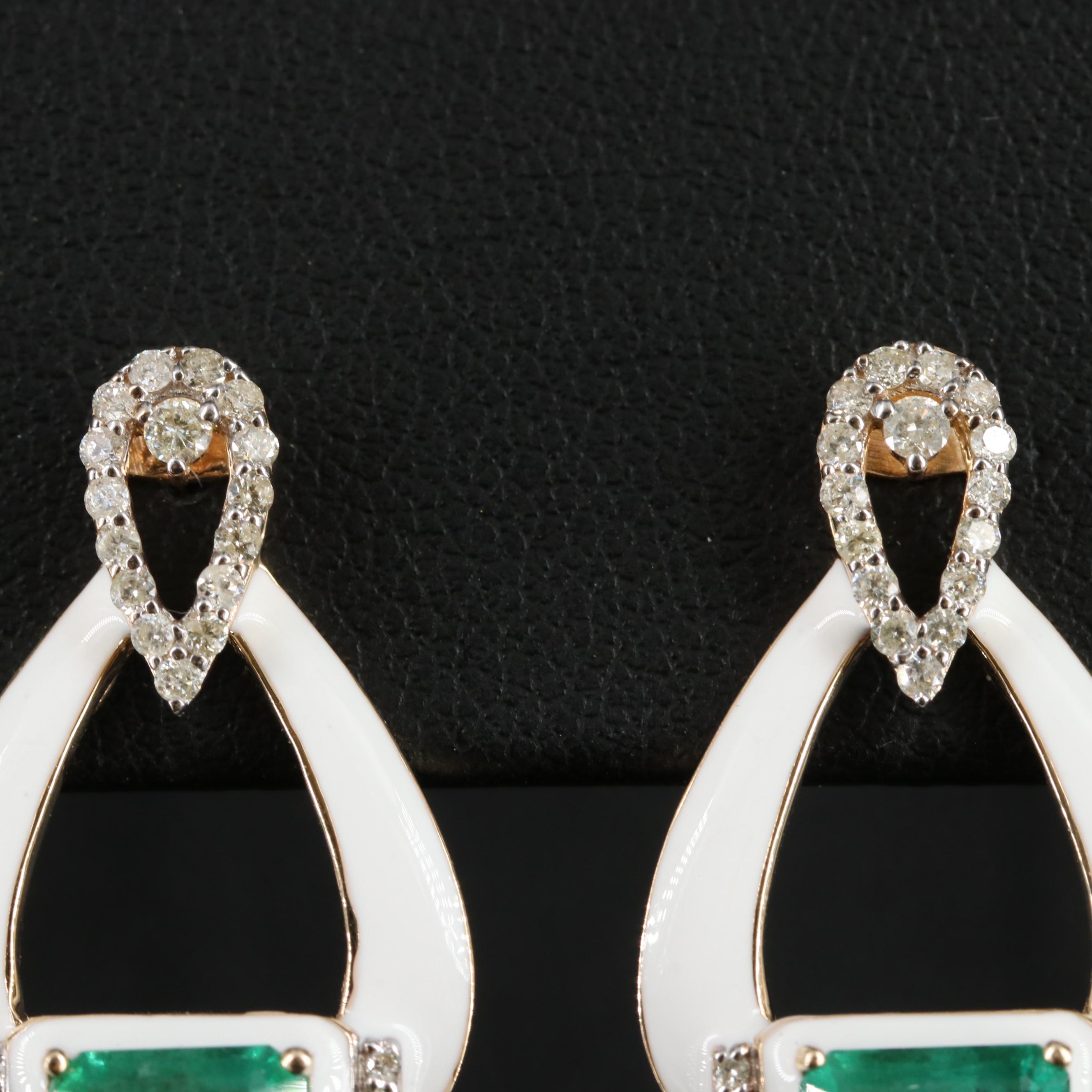 Oscar Friedman 14K Emerald, Diamond and Enamel Earrings | EBTH