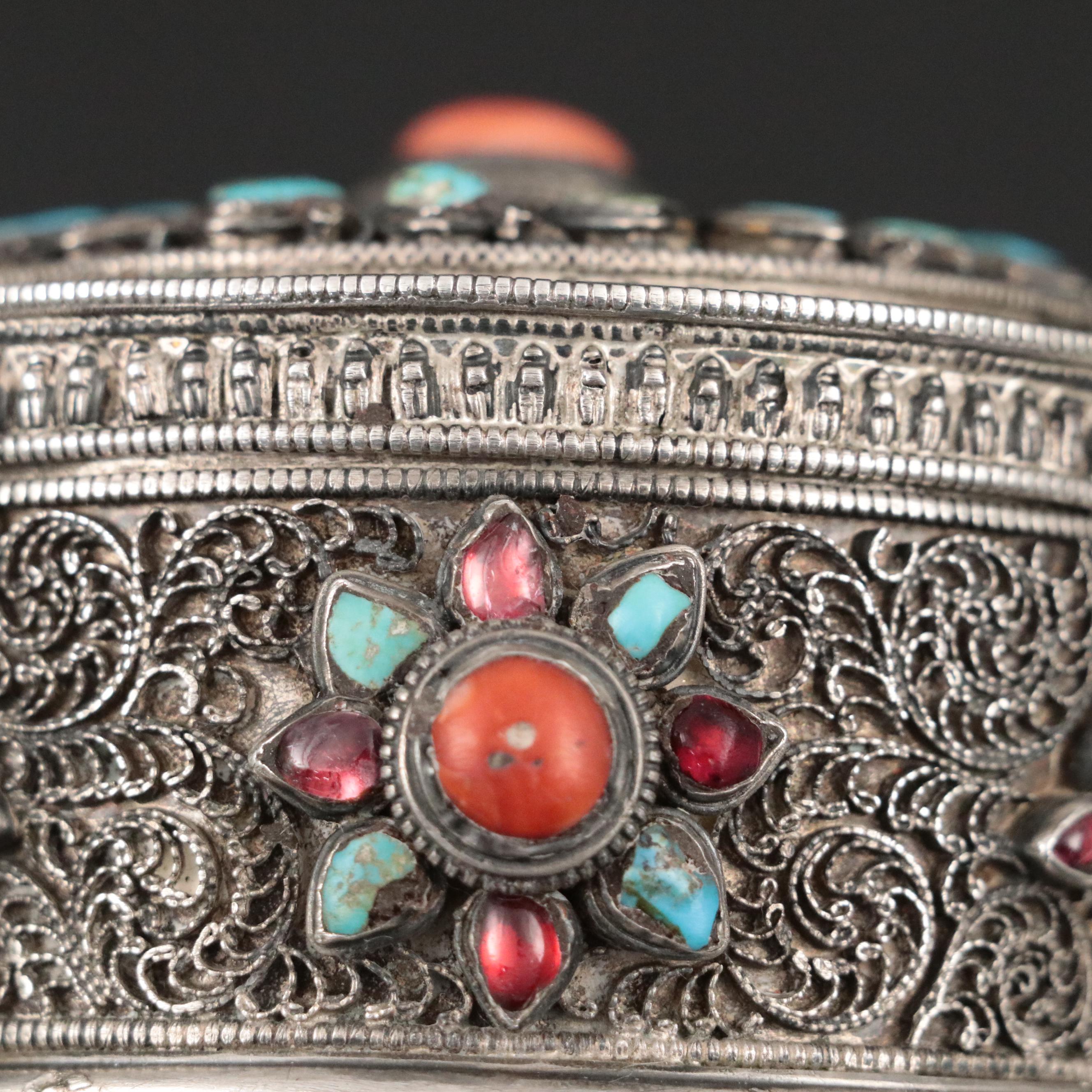 Tibetan Silver Filigree Box with Inlaid Ruby and Other Gemstones ...