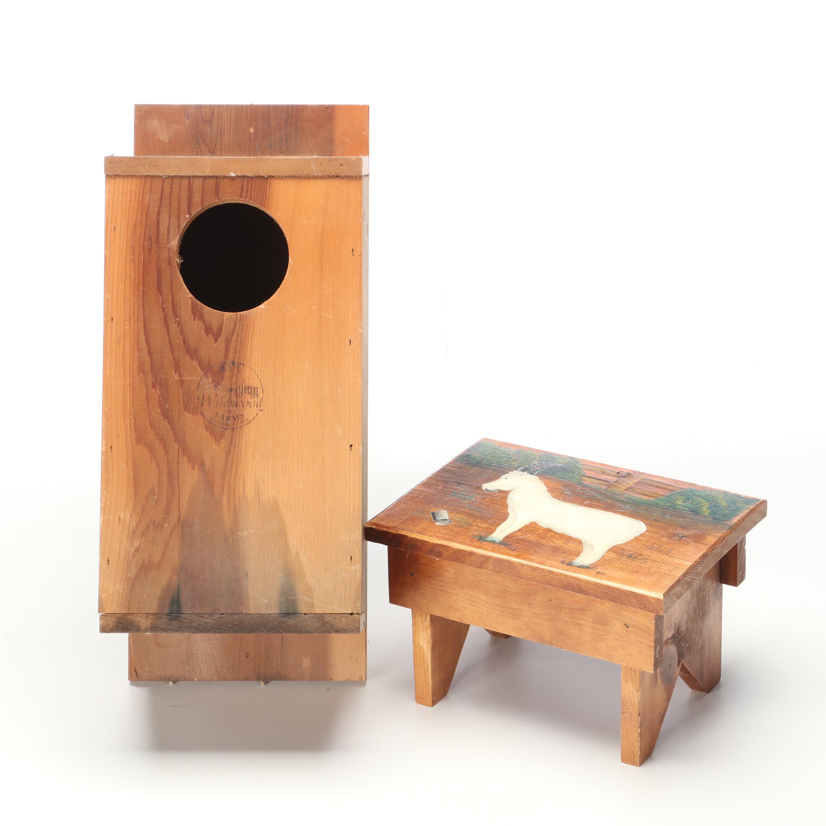 Wildwood Farms Pine Birdhouse with Goat Motif Pine Footstool | EBTH