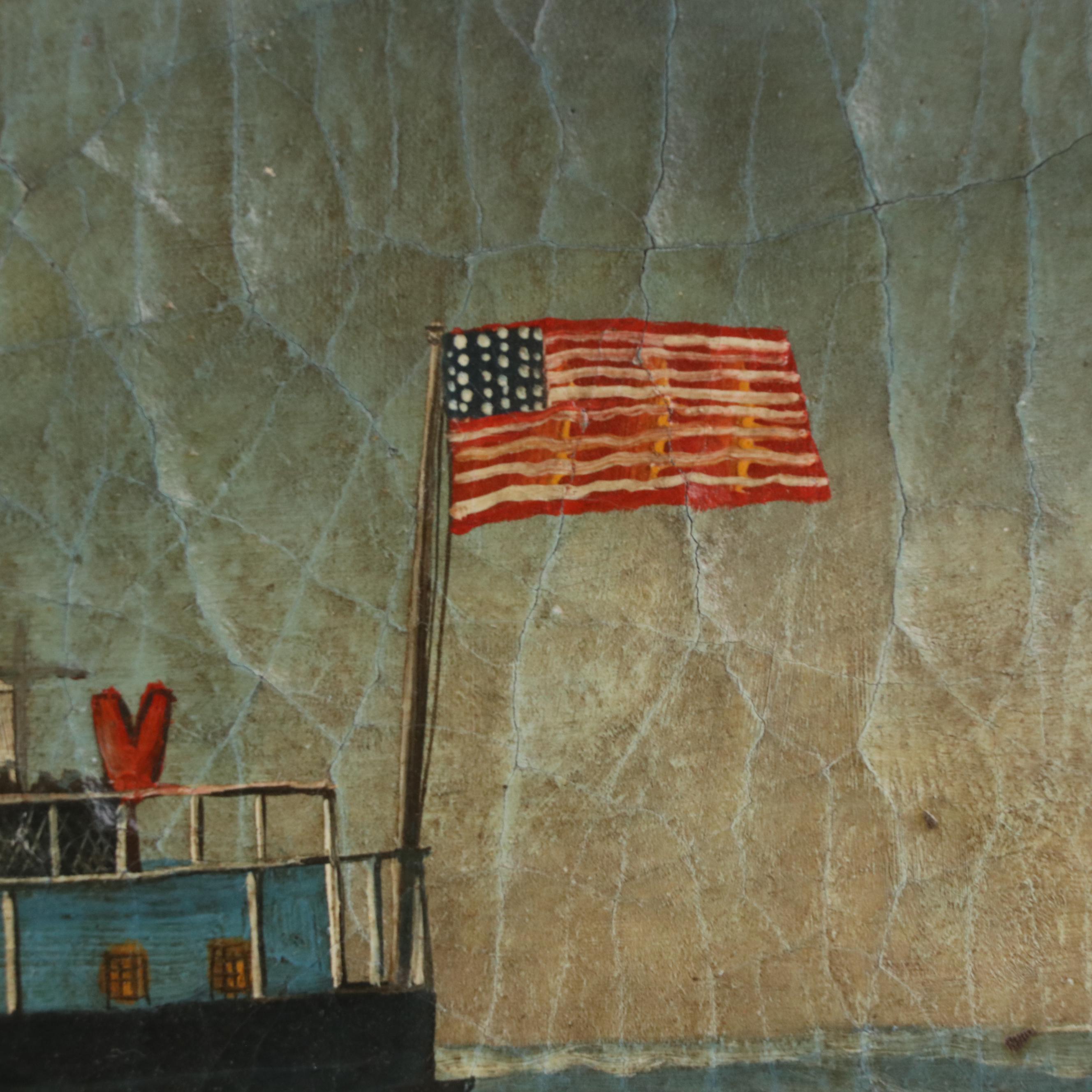 Folk Art Style Nautical Oil Painting of Steamboat | EBTH