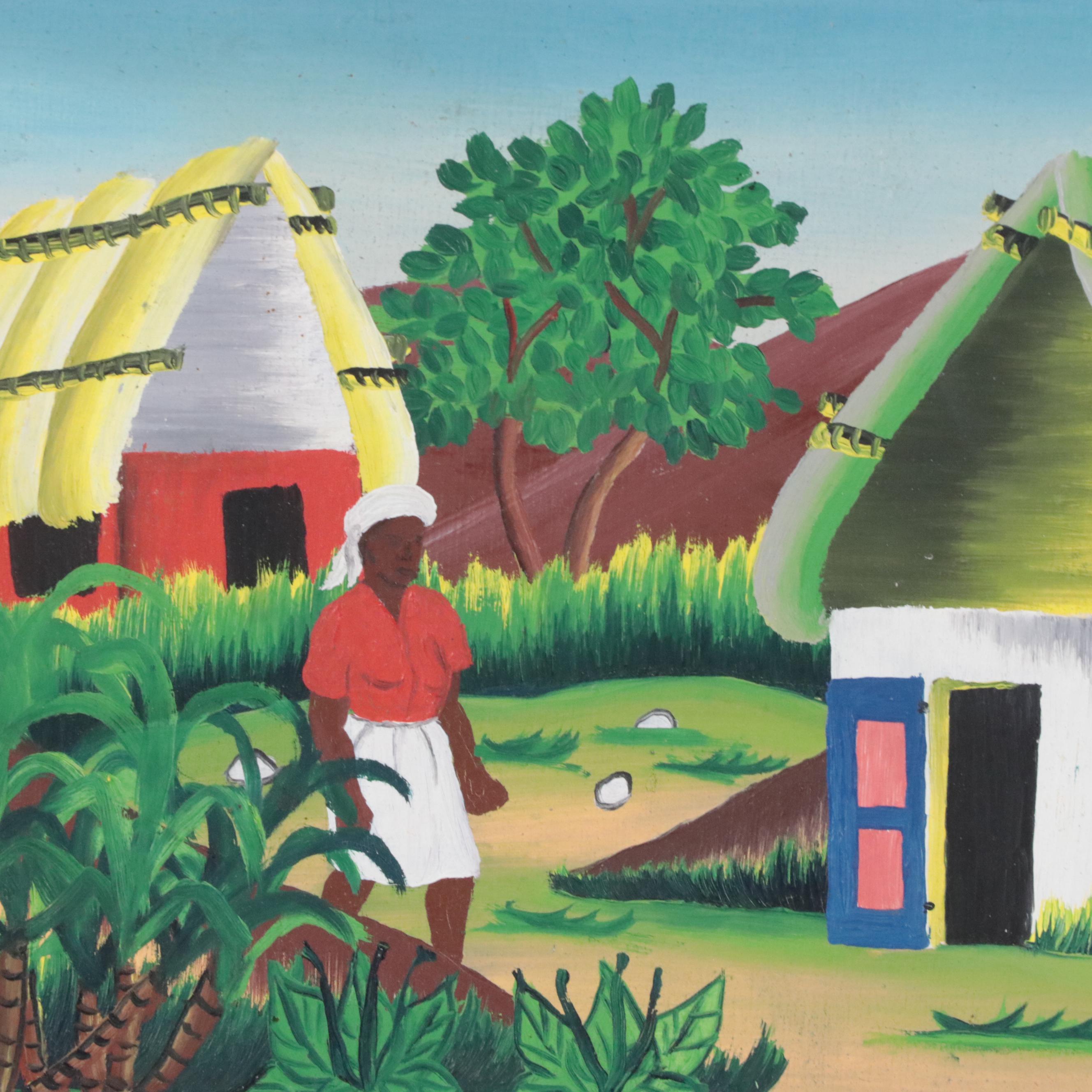 Vilaire Poisson Folk Art Acrylic Painting of Village Scene and More | EBTH