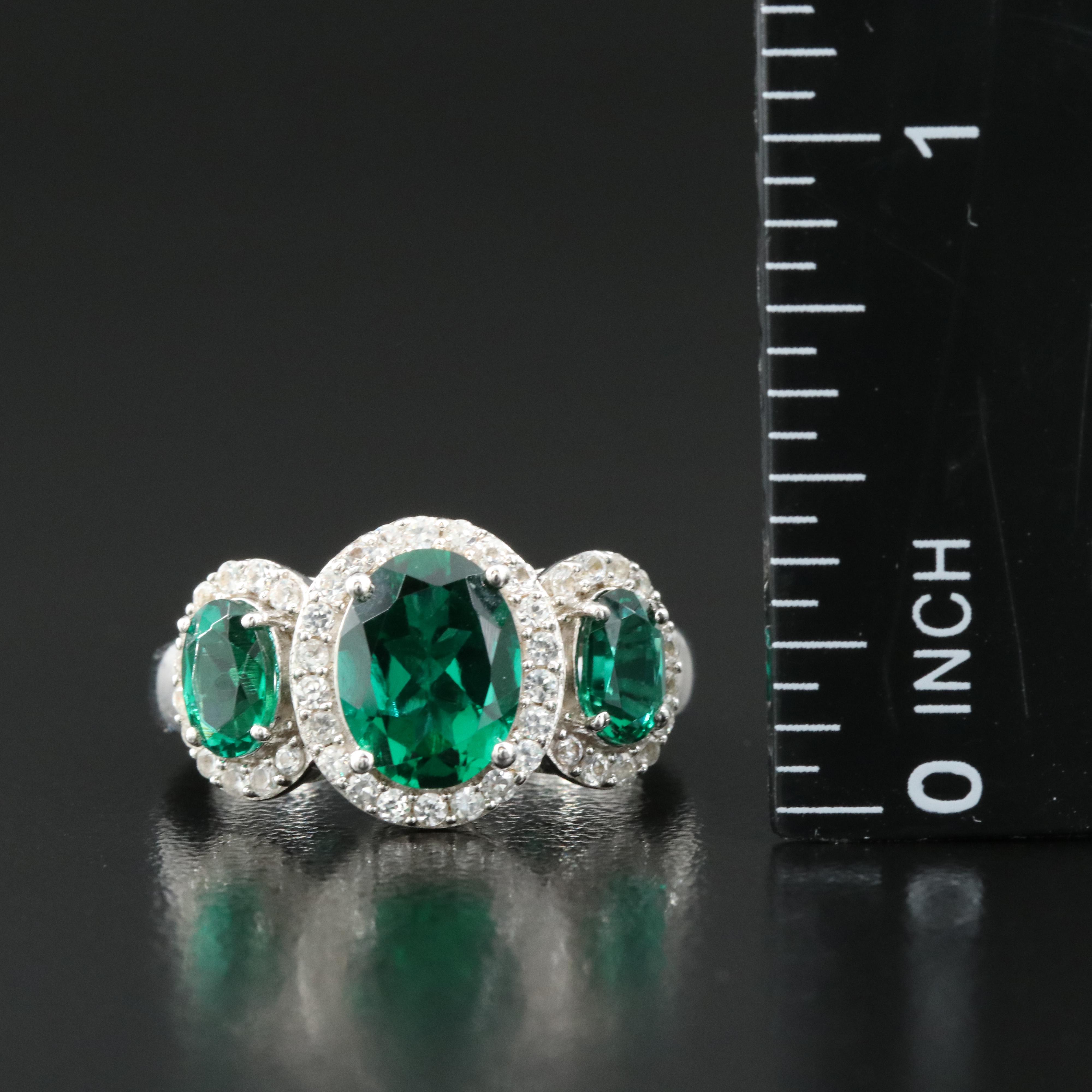 Sterling Emerald and Sapphire Triple Halo Ring | EBTH