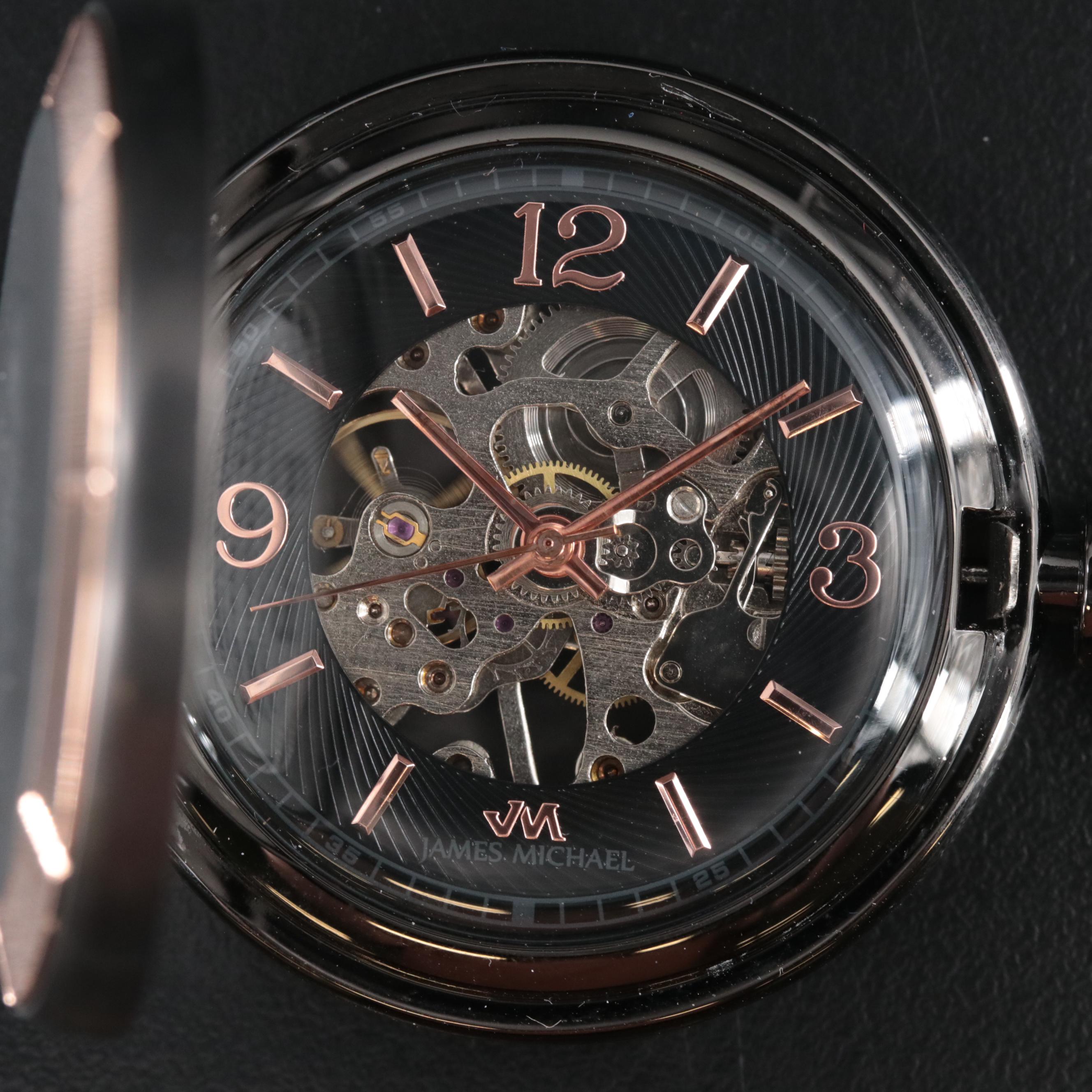 James Michael Satin Gunmetal Skeleton Stem Wind Pocket Watch with Fob ...