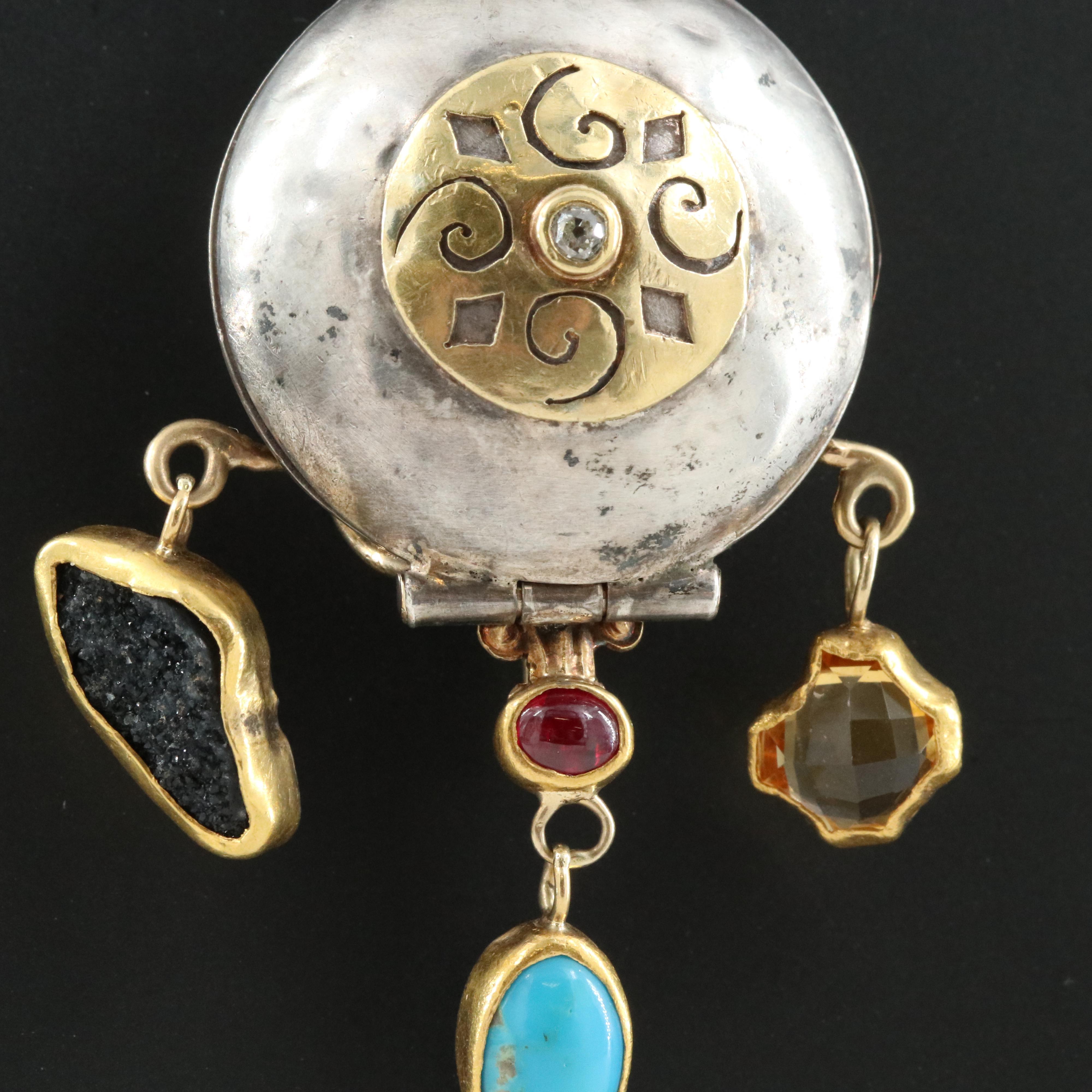 14K Infinity Link Chain and Sterling Multi-Gemstone Locket with Gold ...