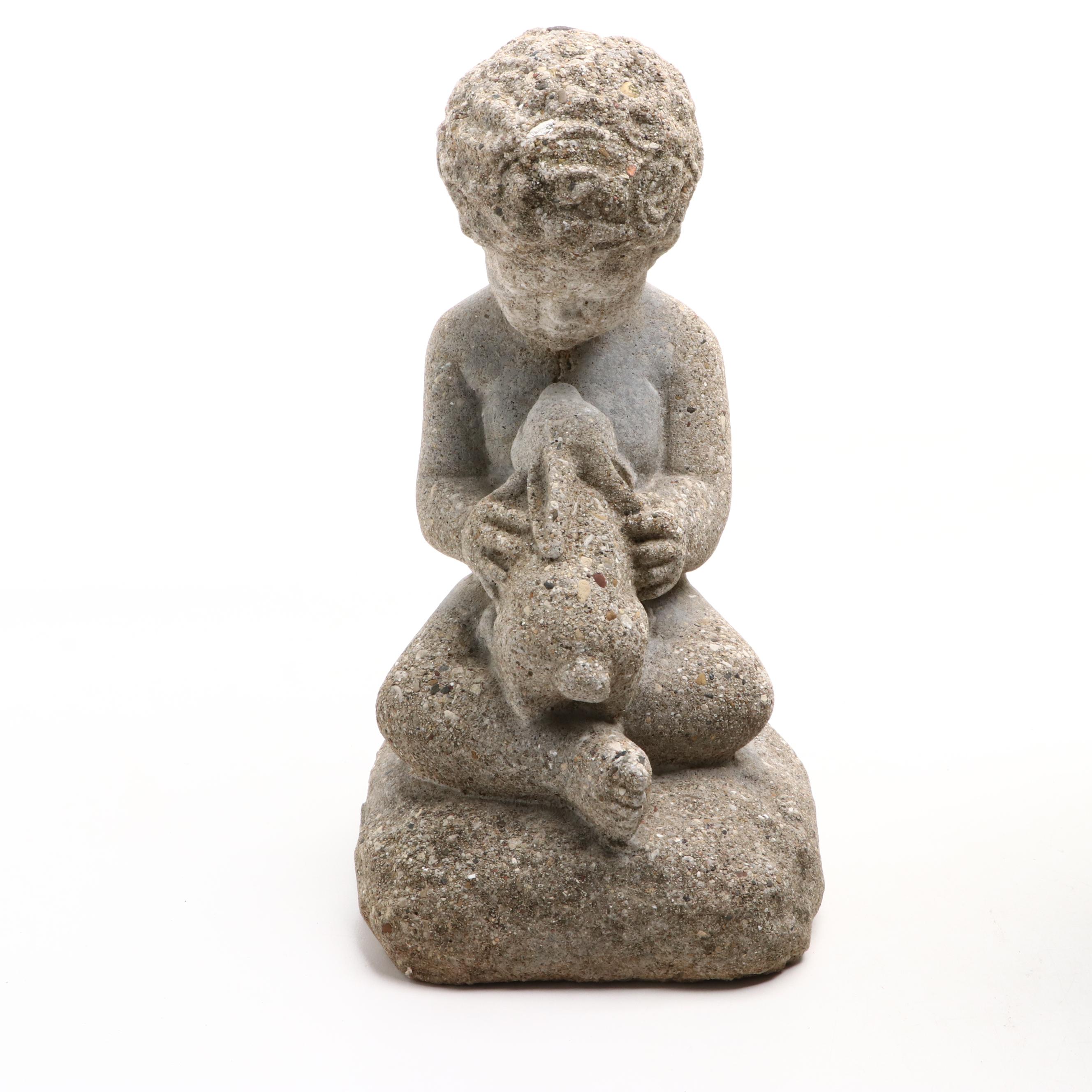 Boy with Rabbit and Floral Arrangement Cast Concrete Garden Statuettes ...