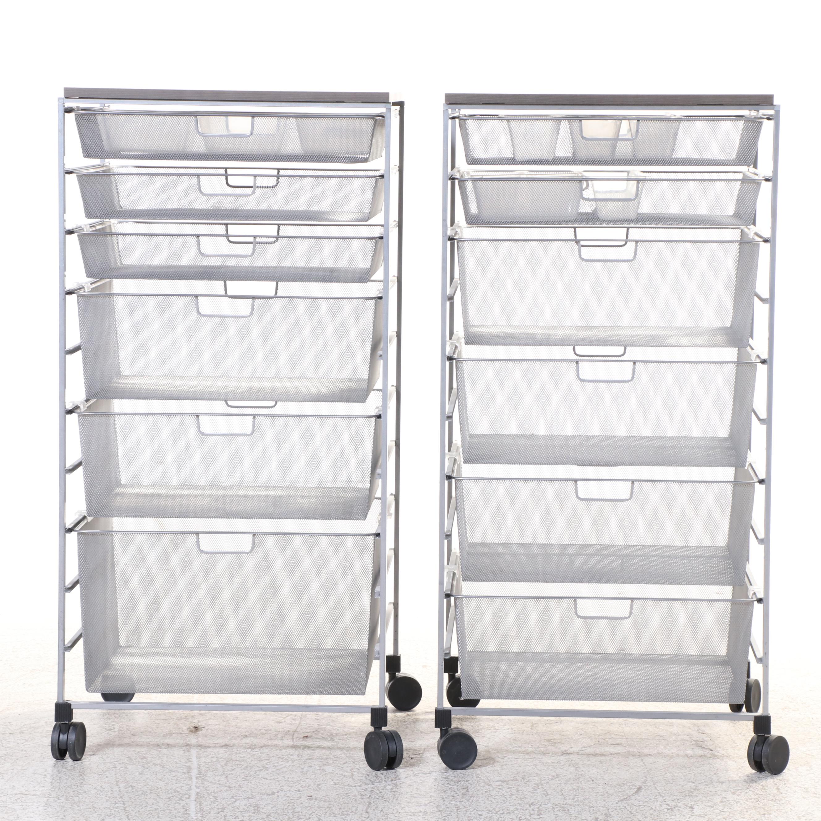 Pair of Elfa Steel and Laminate Top Storage Carts with Wire Mesh ...